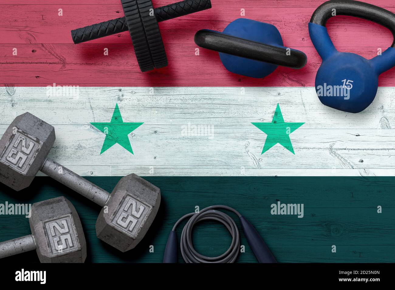 Syria sports club concept. Top view of heavy weight plates with iron ...
