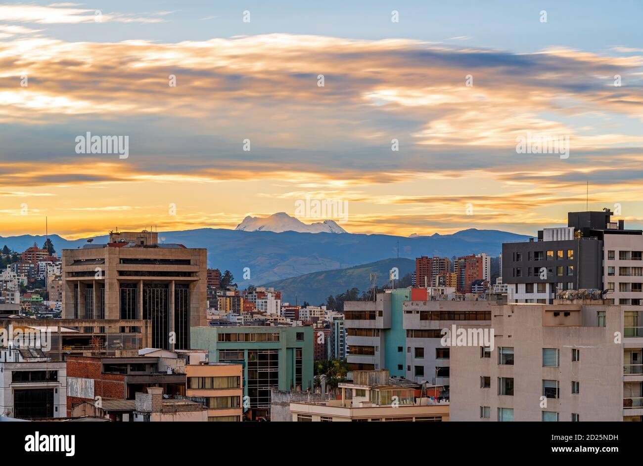 Long exposure aerial cityscape of Quito with apartment buildings and ...