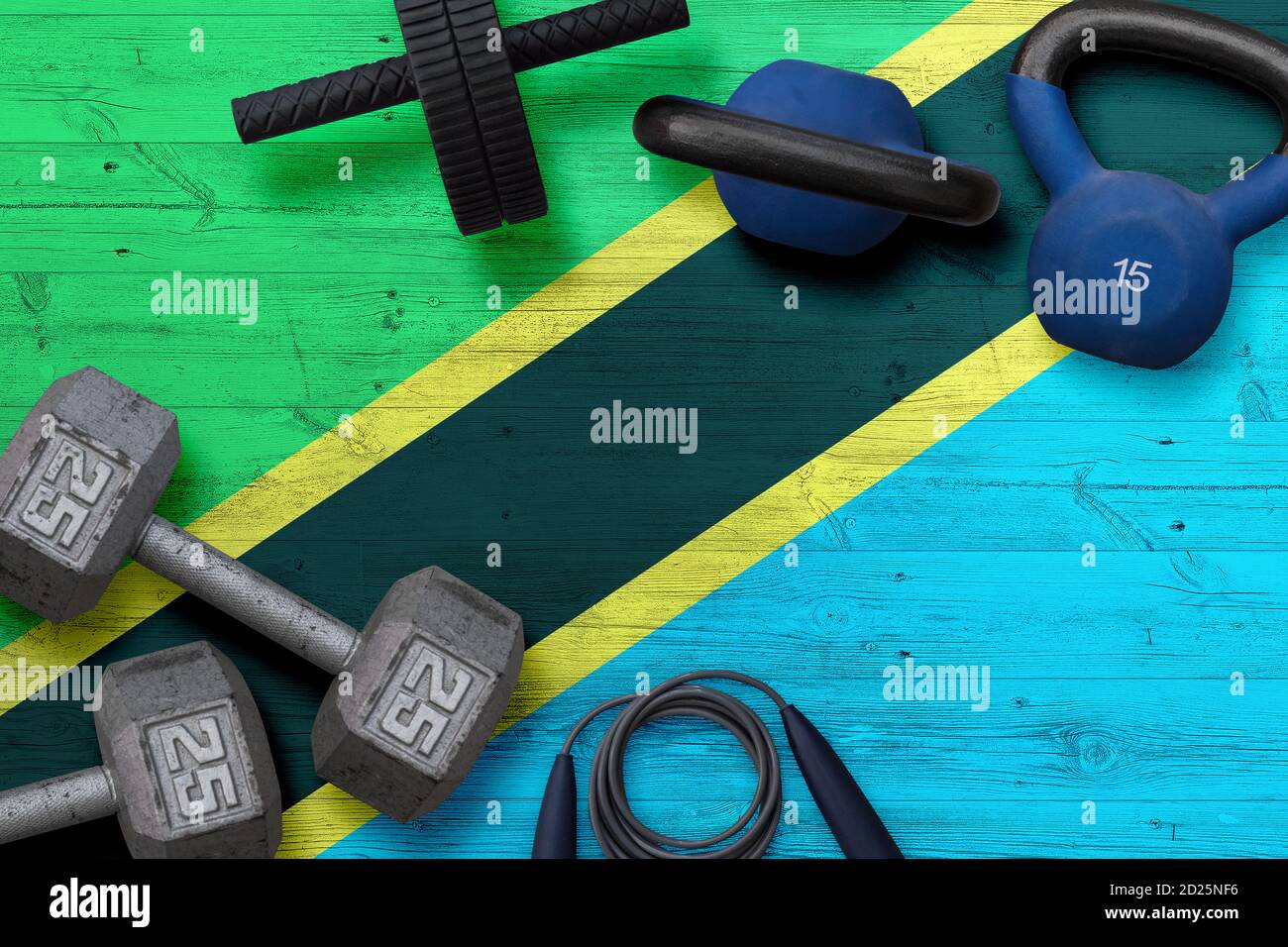 Tanzania sports club concept. Top view of heavy weight plates with iron ...