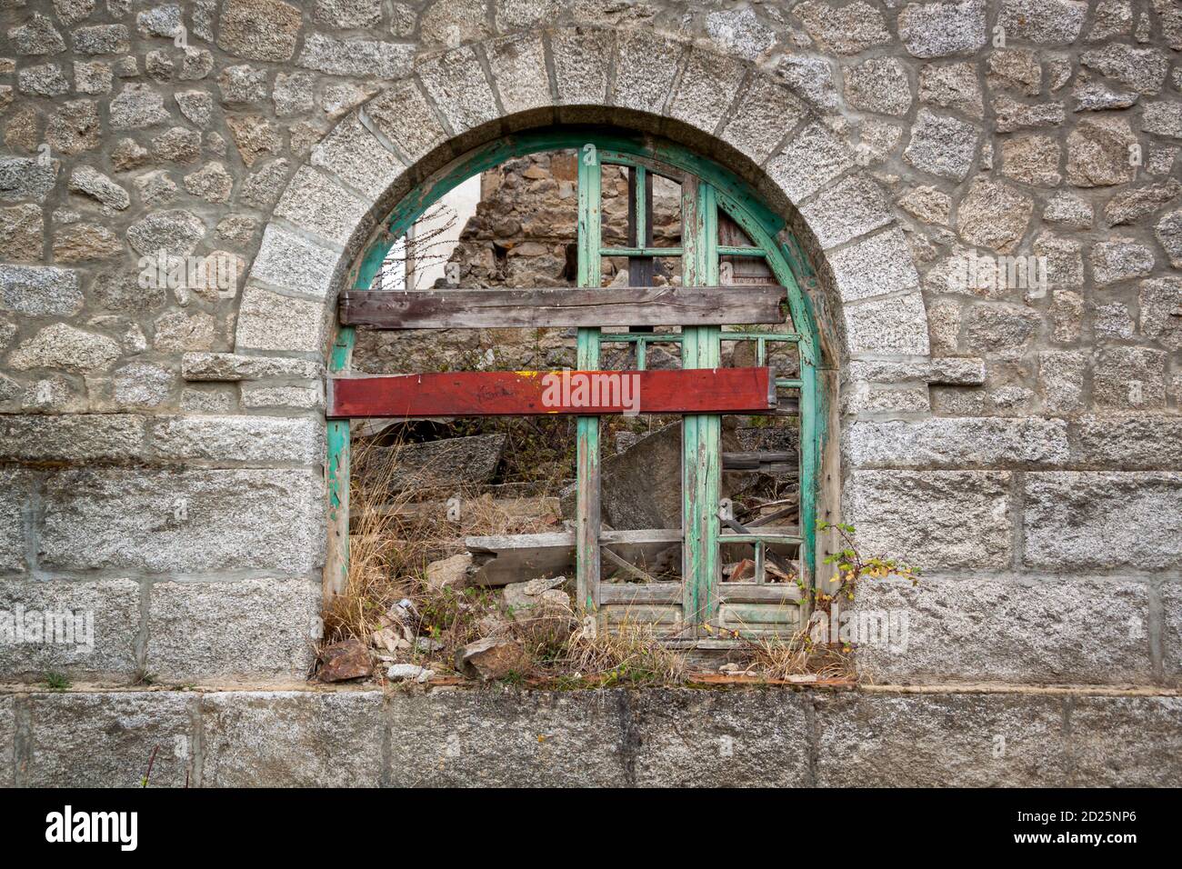 Abandoned house, stone wall with collapsed windows, in the chestnut ...