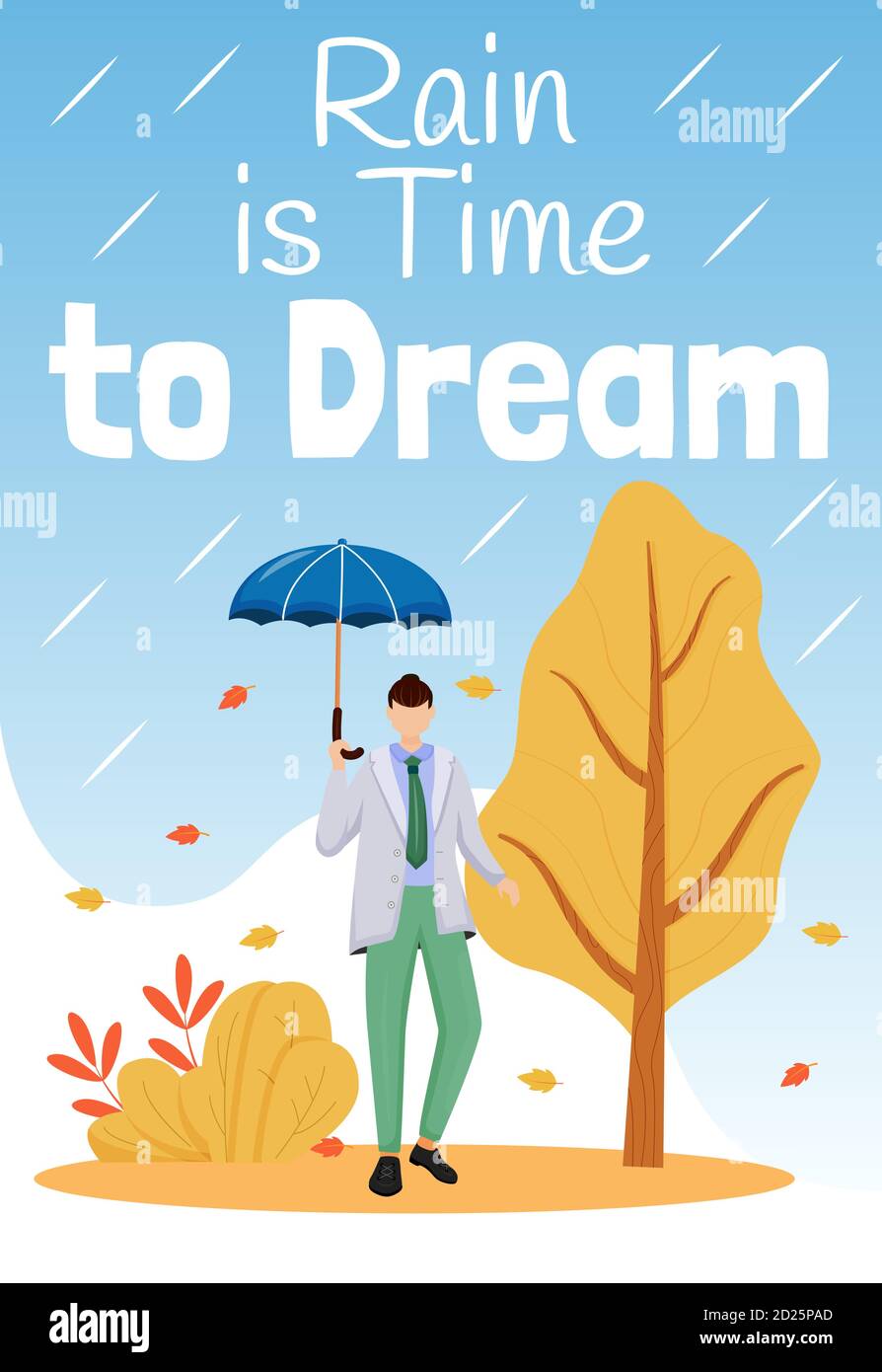 Rain is time to dream poster flat color vector template. Male with ...