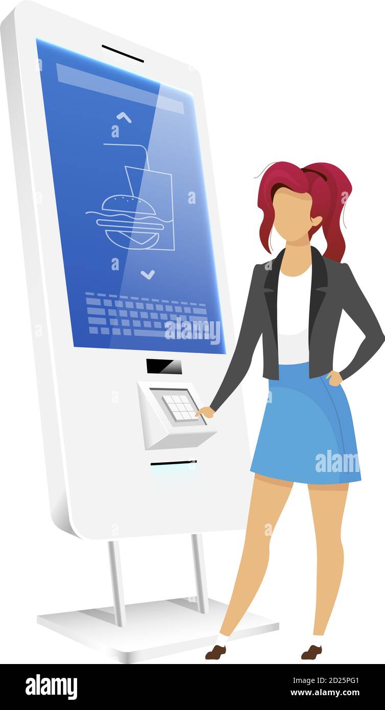 Girl using vending kiosk flat color vector faceless character. Woman ...