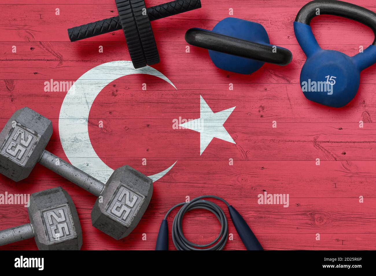 Turkey sports club concept. Top view of heavy weight plates with iron ...