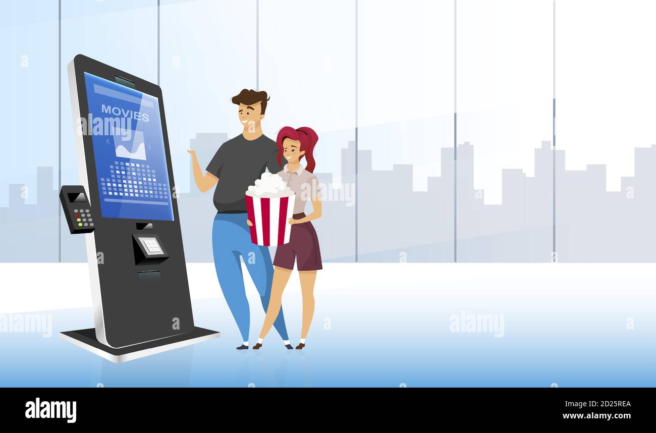 Smiling couple near ticket kiosk flat color vector illustration. Happy ... Smiling couple near ticket kiosk flat color vector illustration. Happy ...