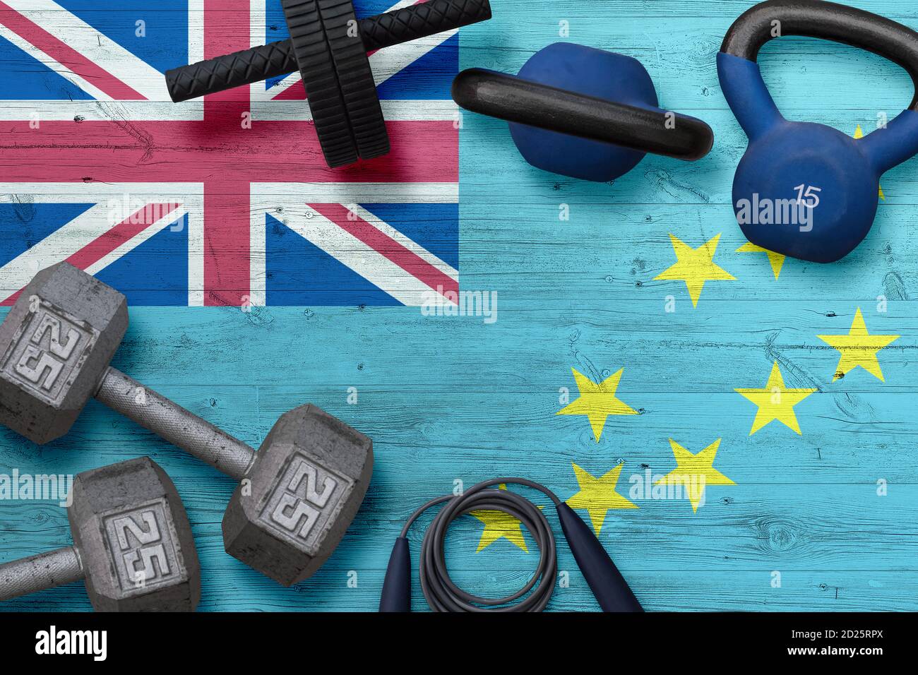 Tuvalu sports club concept. Top view of heavy weight plates with iron ...