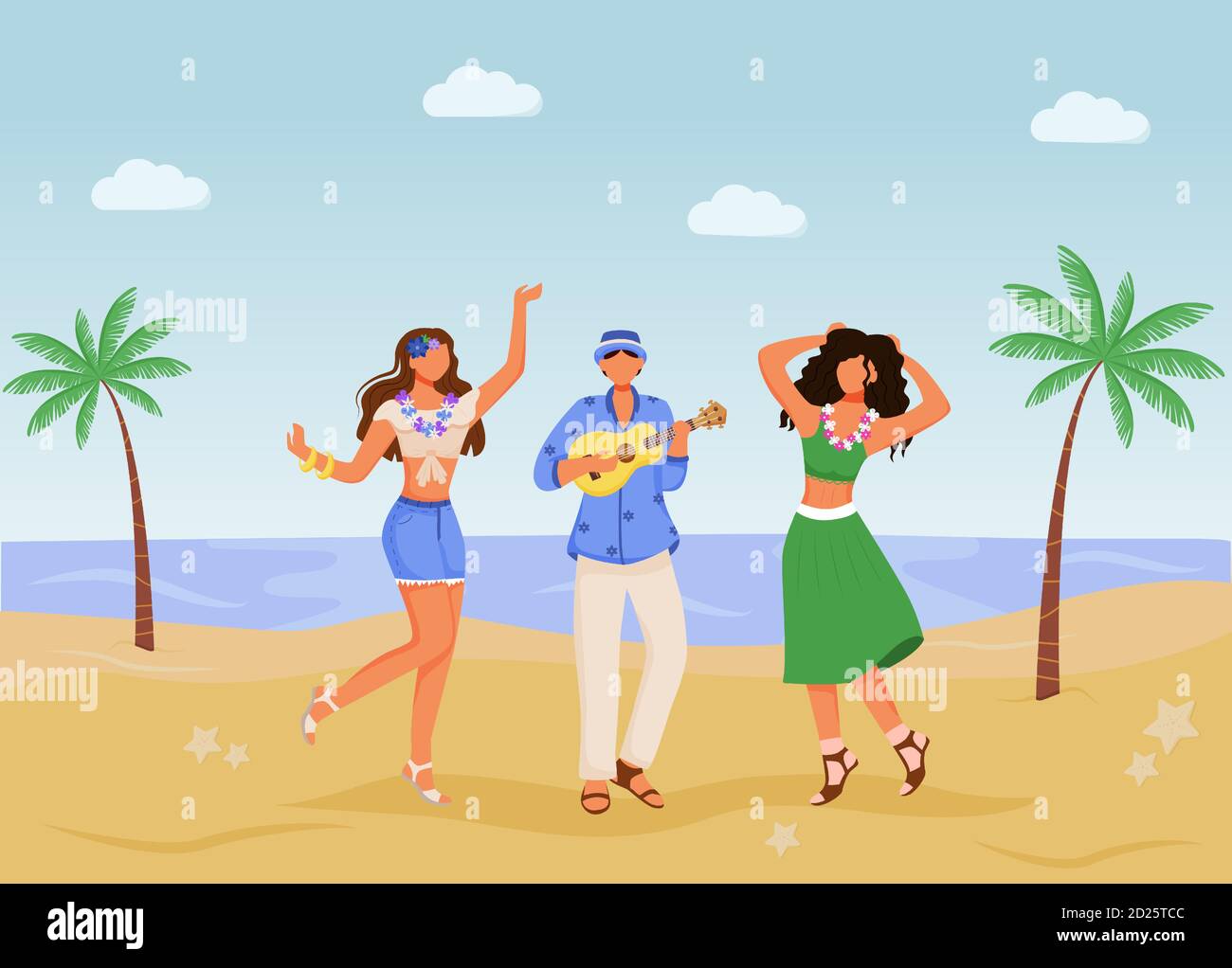 Beach party flat color vector illustration. Females in summer clothing ...