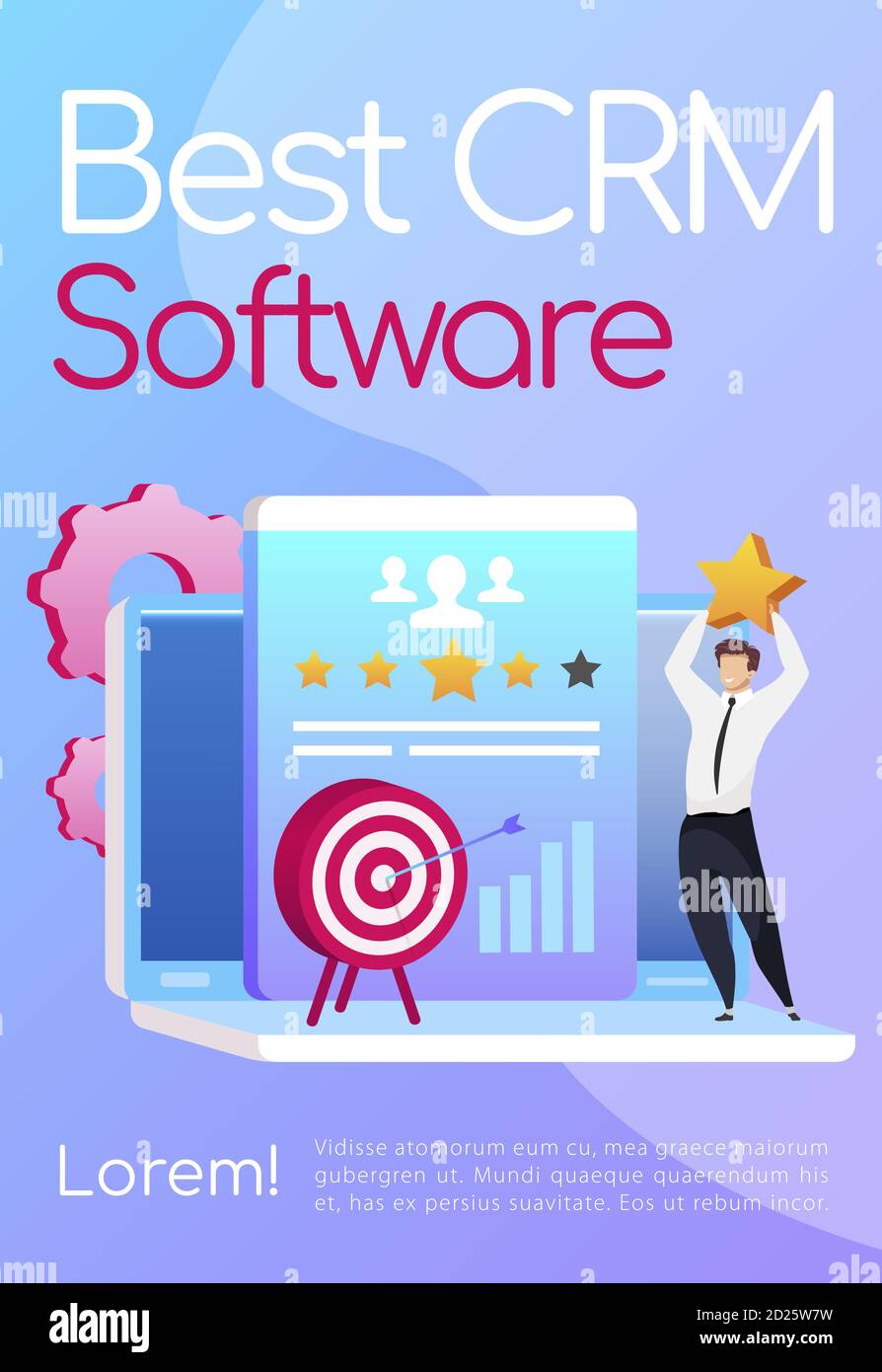 Best CRM software poster flat vector template. Businessman keeps star ...