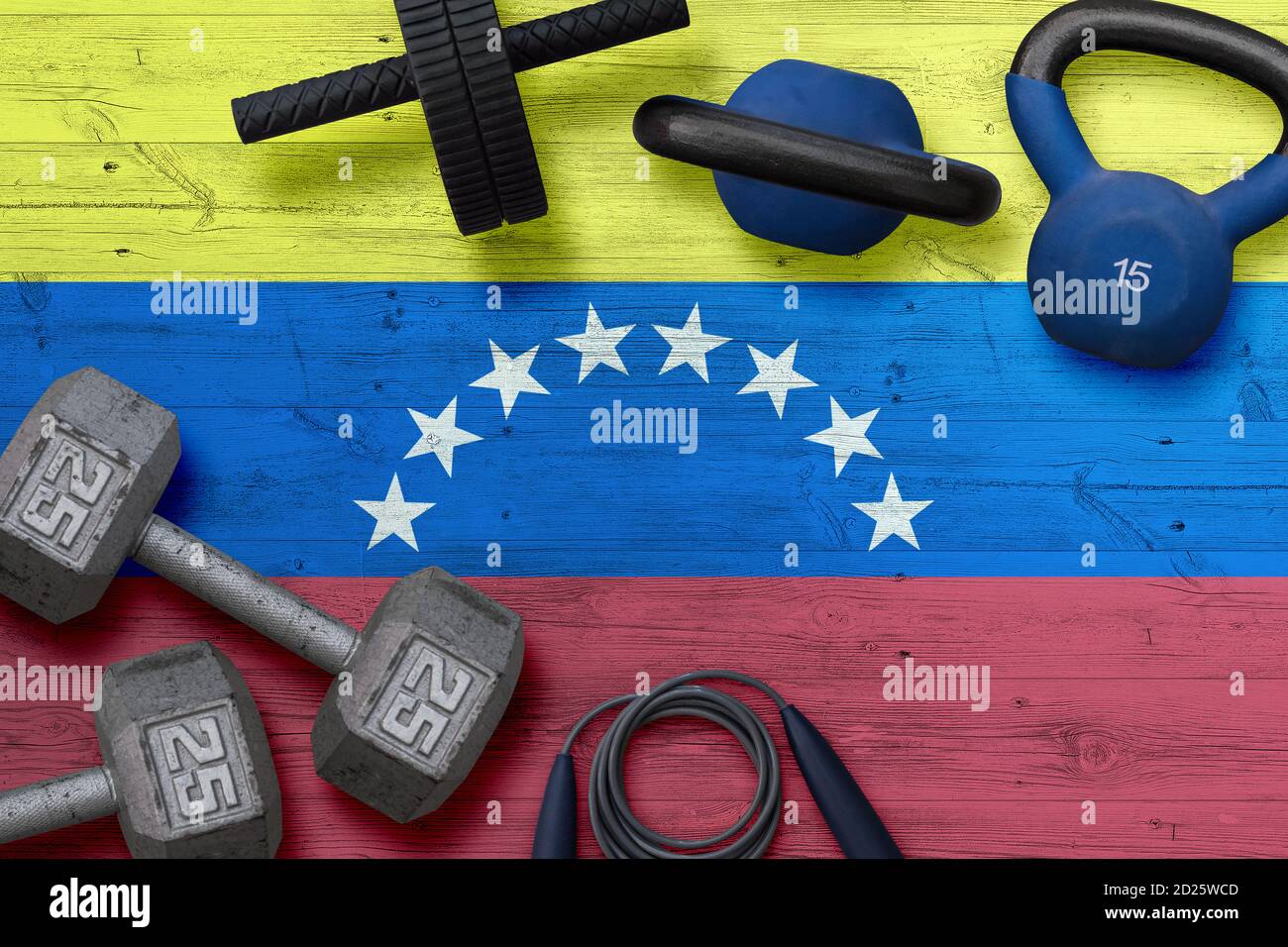 Venezuela sports club concept. Top view of heavy weight plates with ...