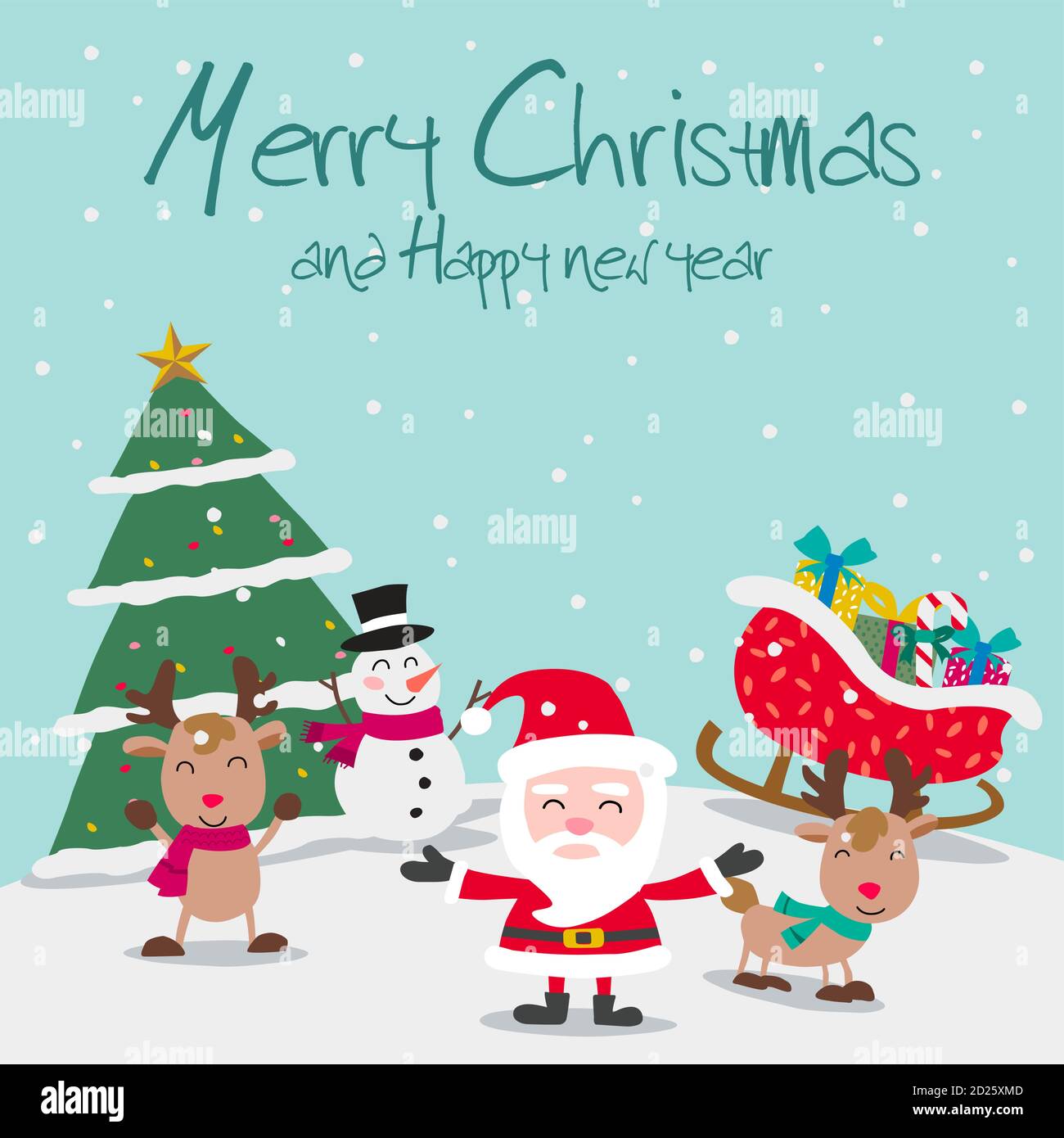 Santa reindeers and snowman enjoy with Christmas night, festival of ...
