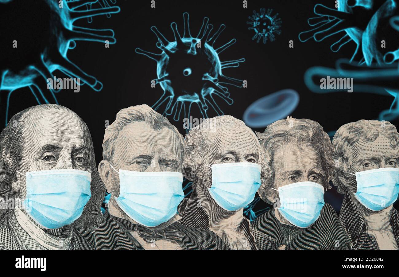 Different american presidents from dollar banknotes with a face masks ...