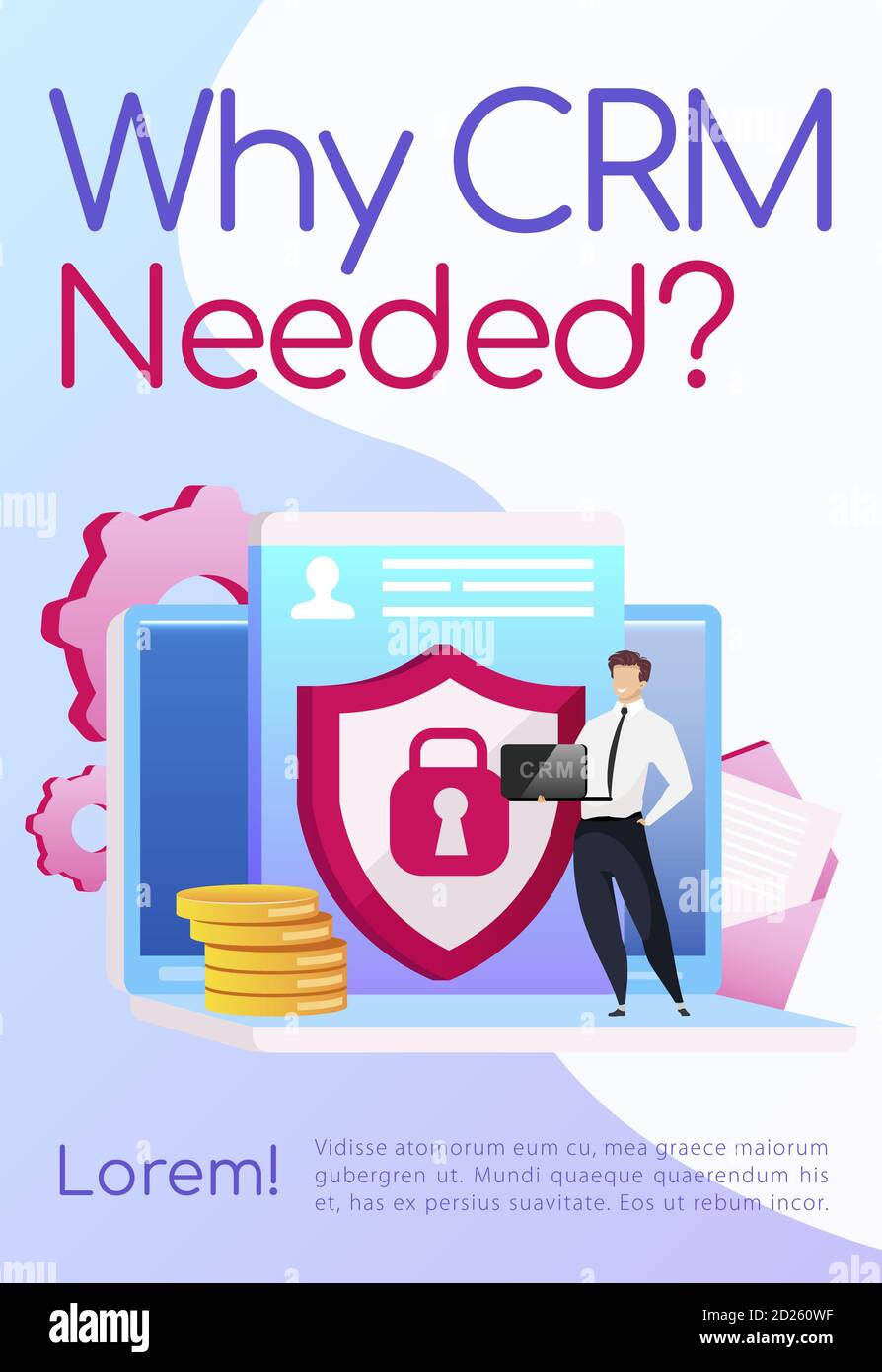 Why CRM neded poster flat vector template. Smiling man standing on ...