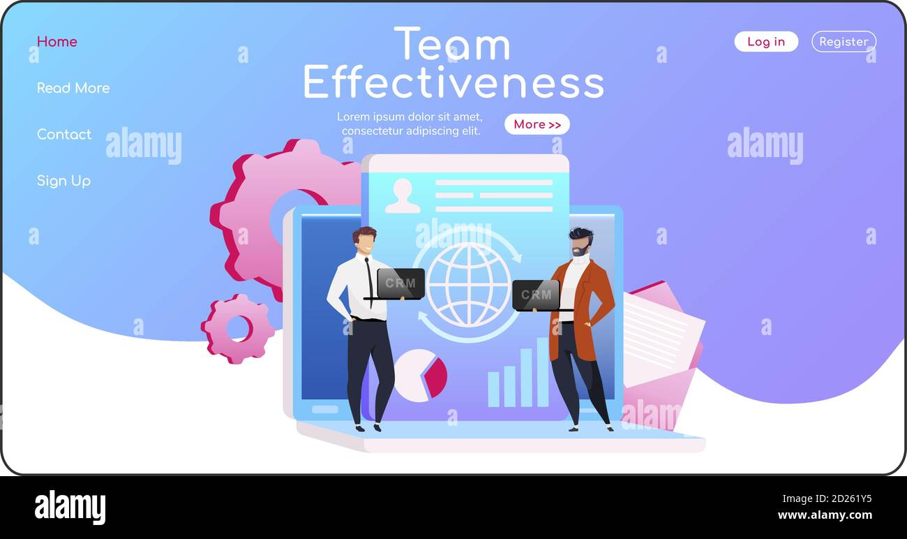Team effectiveness landing page flat color vector template. Smiling ...