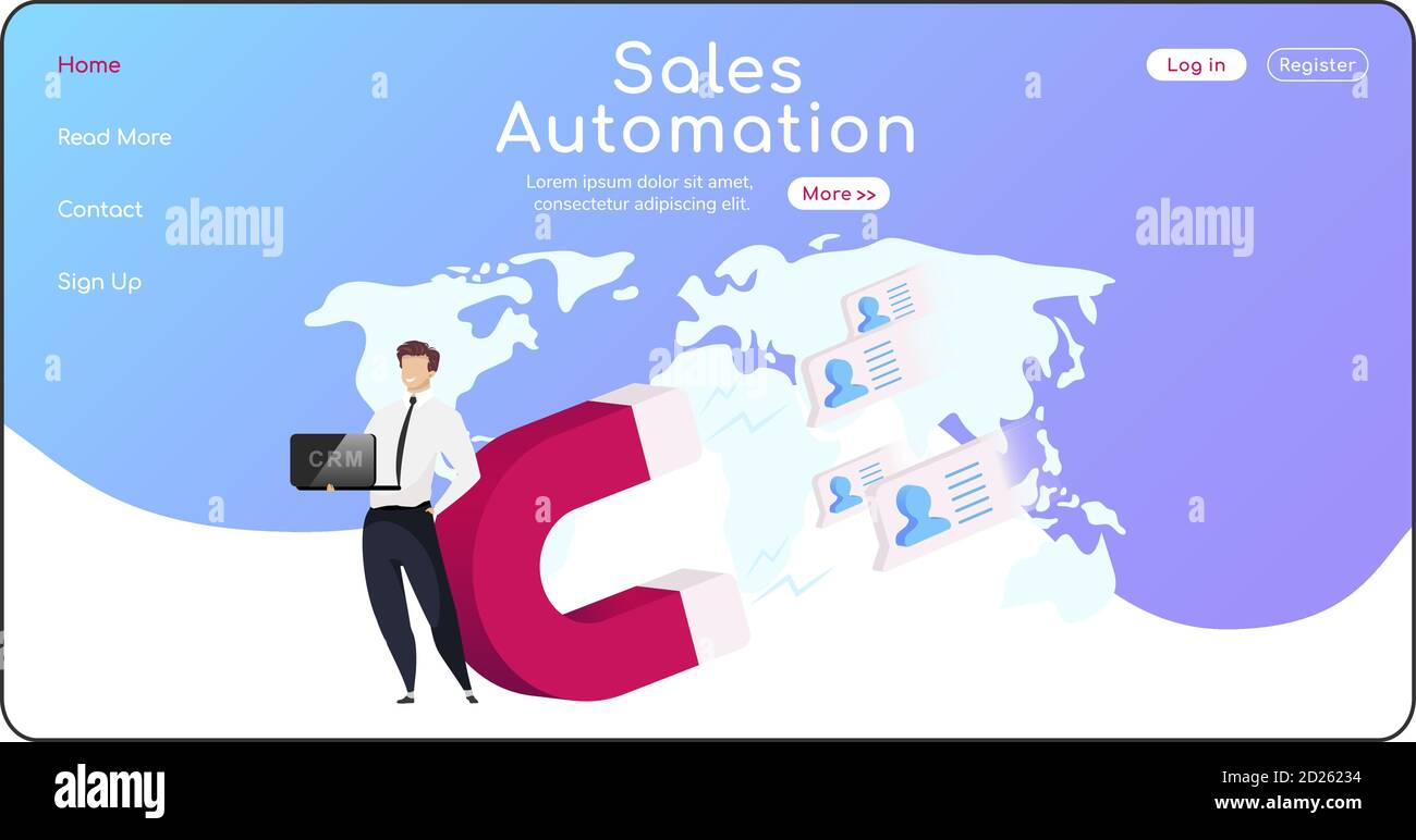 Sales automation landing page flat color vector template. Magnet ...