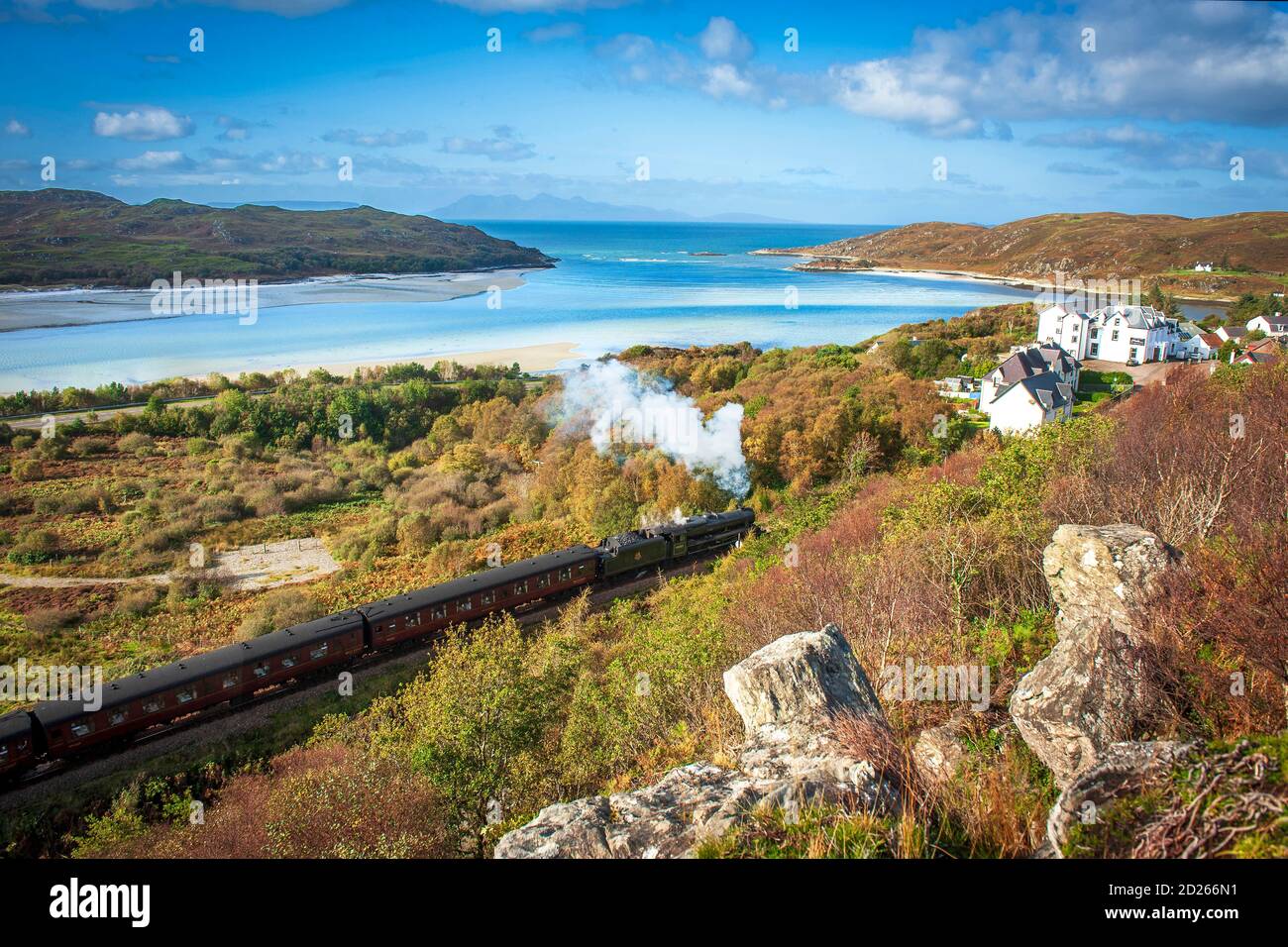 Jacobite Steam Train heads through the silver sands of Morar, Mallaig ...