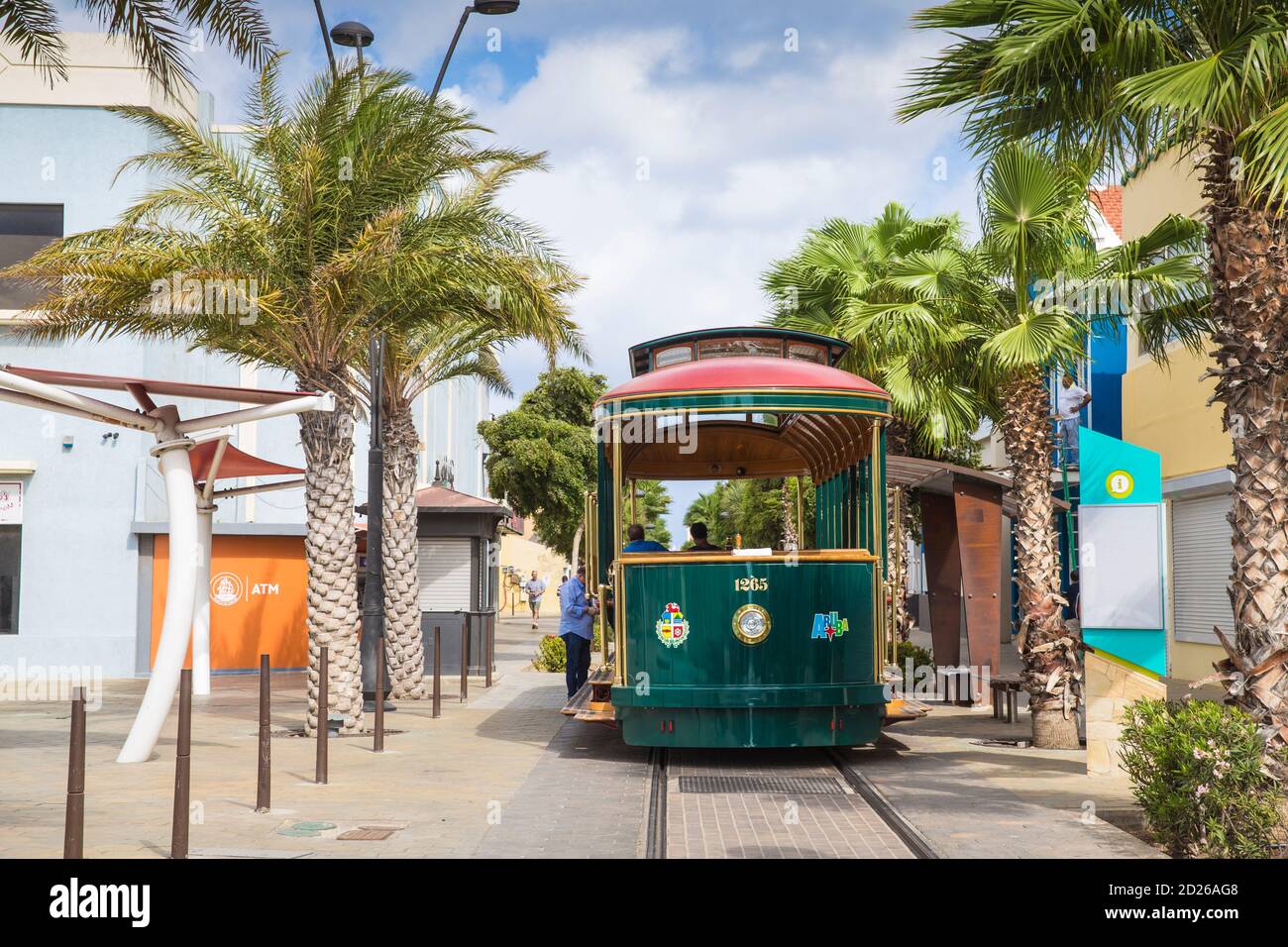 Caribbean, Netherland Antilles, Aruba, Oranjestad, Tram on Main Street ...