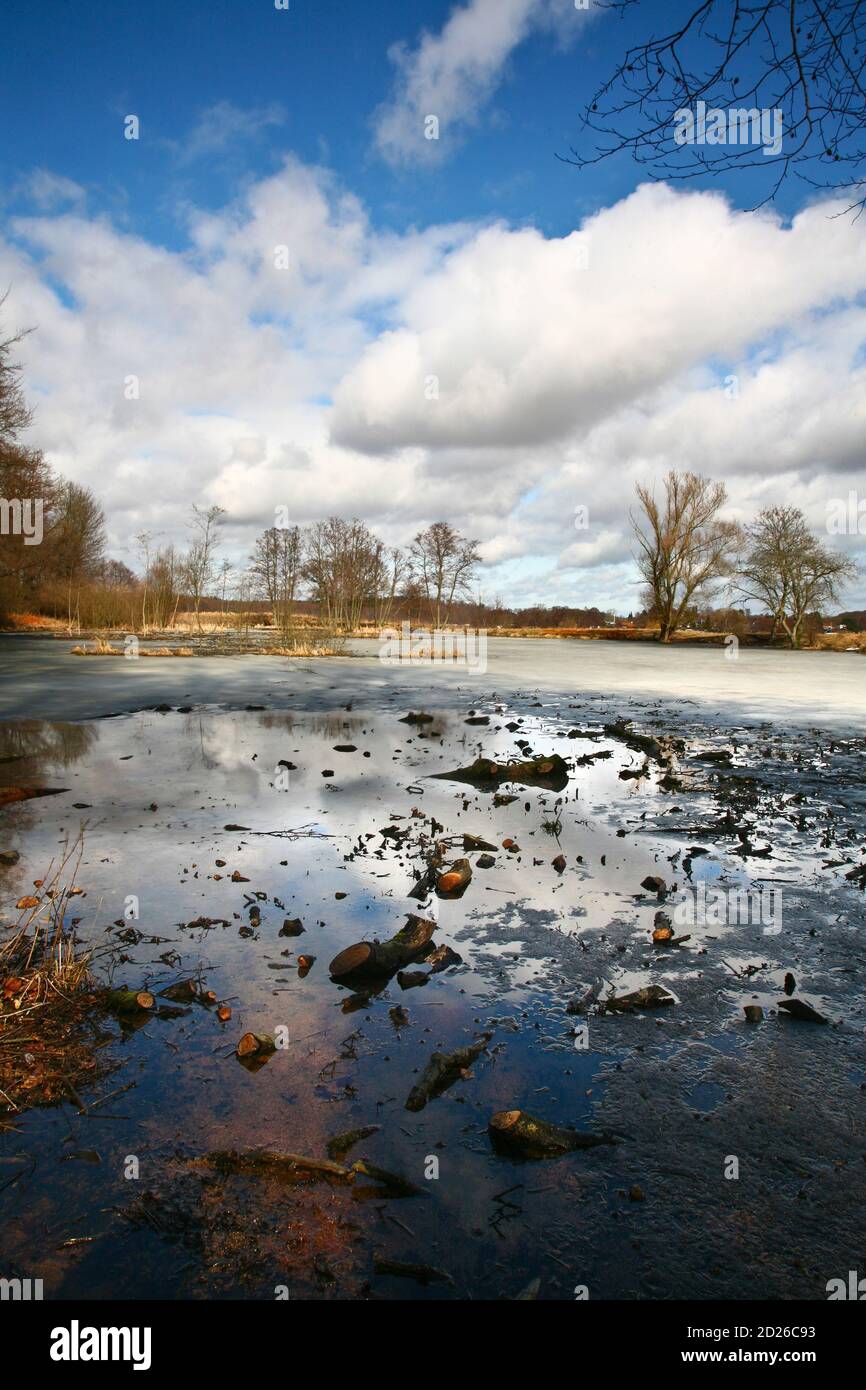 Iced lake in sun in denmark in winter Stock Photo - Alamy