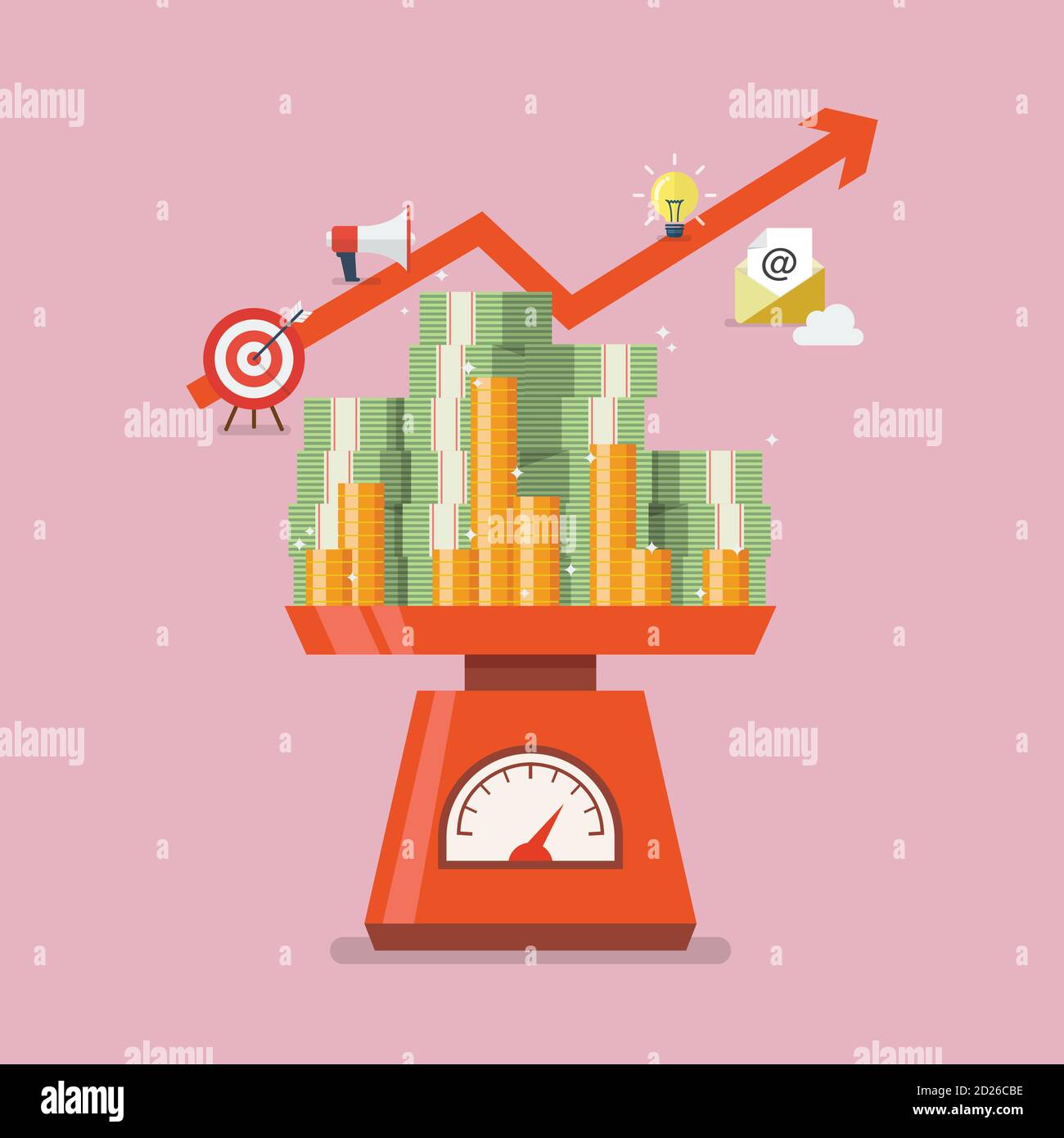 Pile of money on domestic weight scales with graph up in background ...