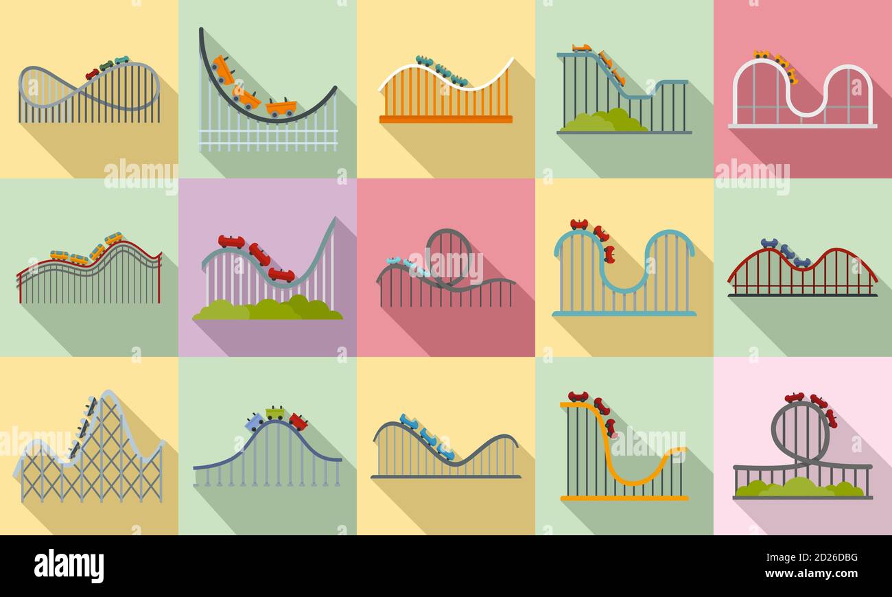 Roller coaster icons set. Flat set of roller coaster vector icons for web design Stock Vector ...