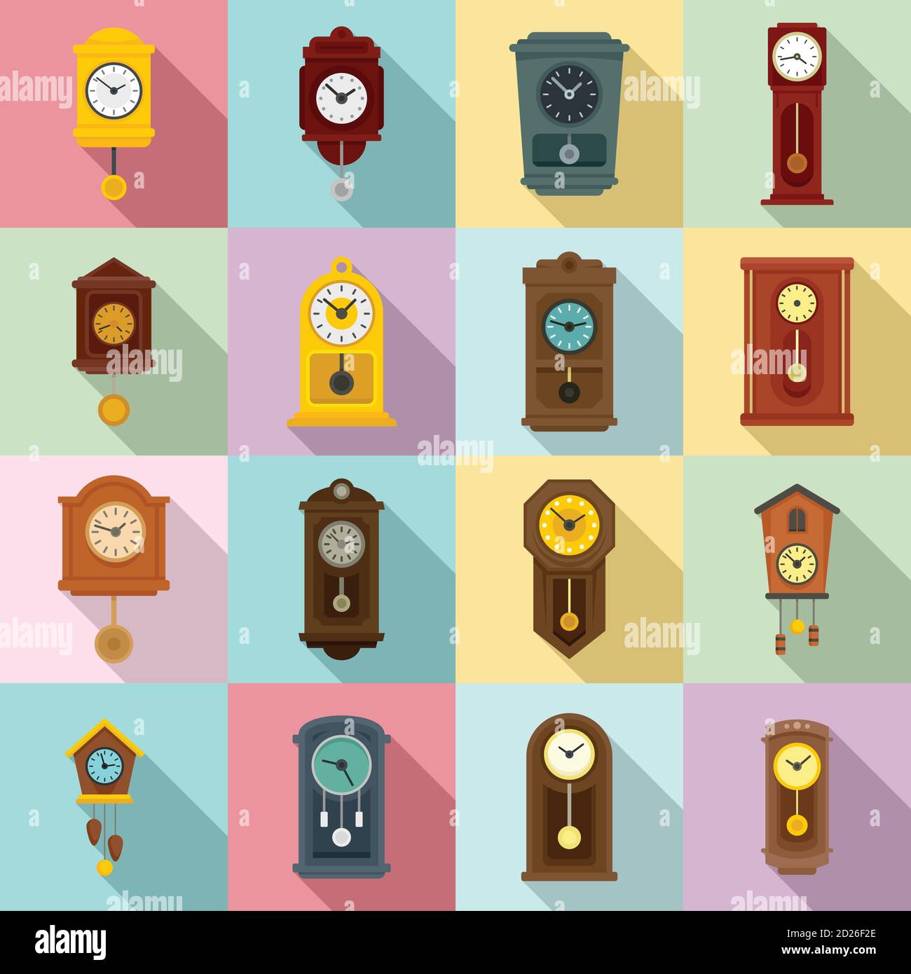 Pendulum clock icons set. Flat set of pendulum clock vector icons for ...
