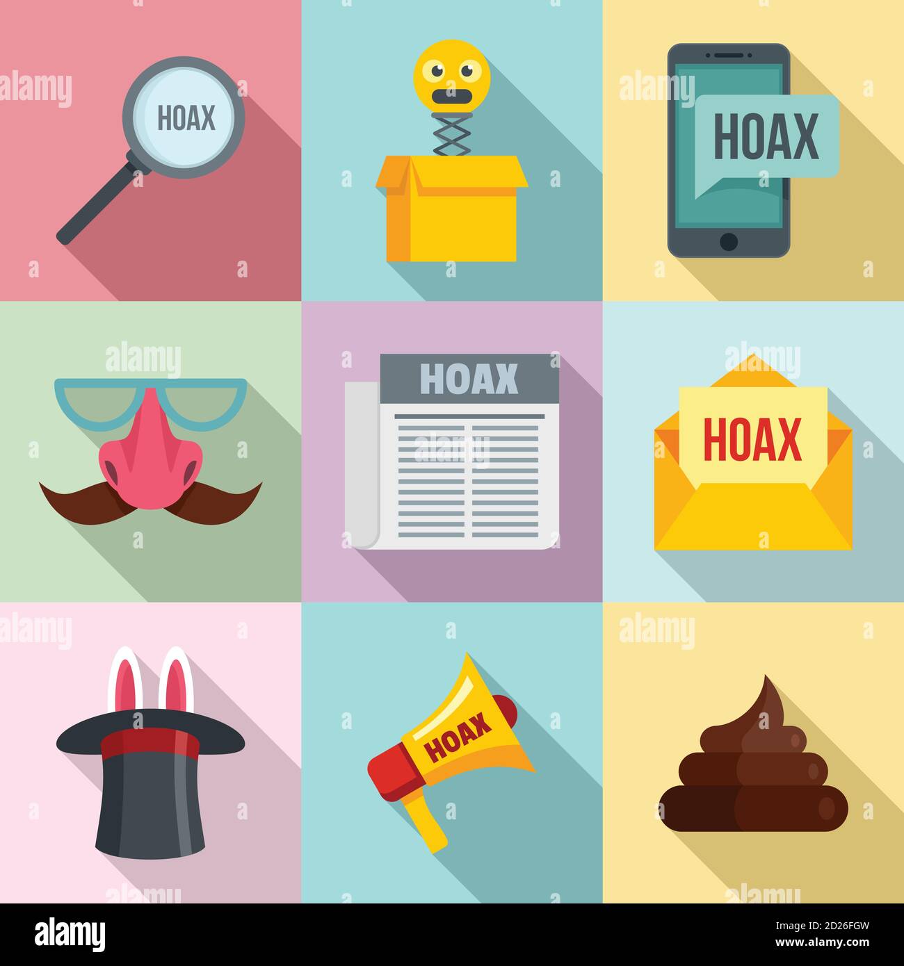 Hoax icons set. Flat set of hoax vector icons for web design Stock ...