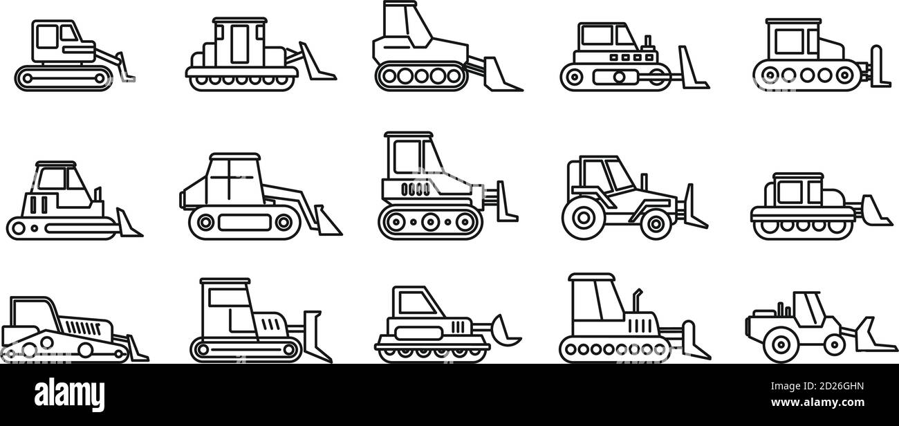 Construction bulldozer icons set. Outline set of construction bulldozer ...