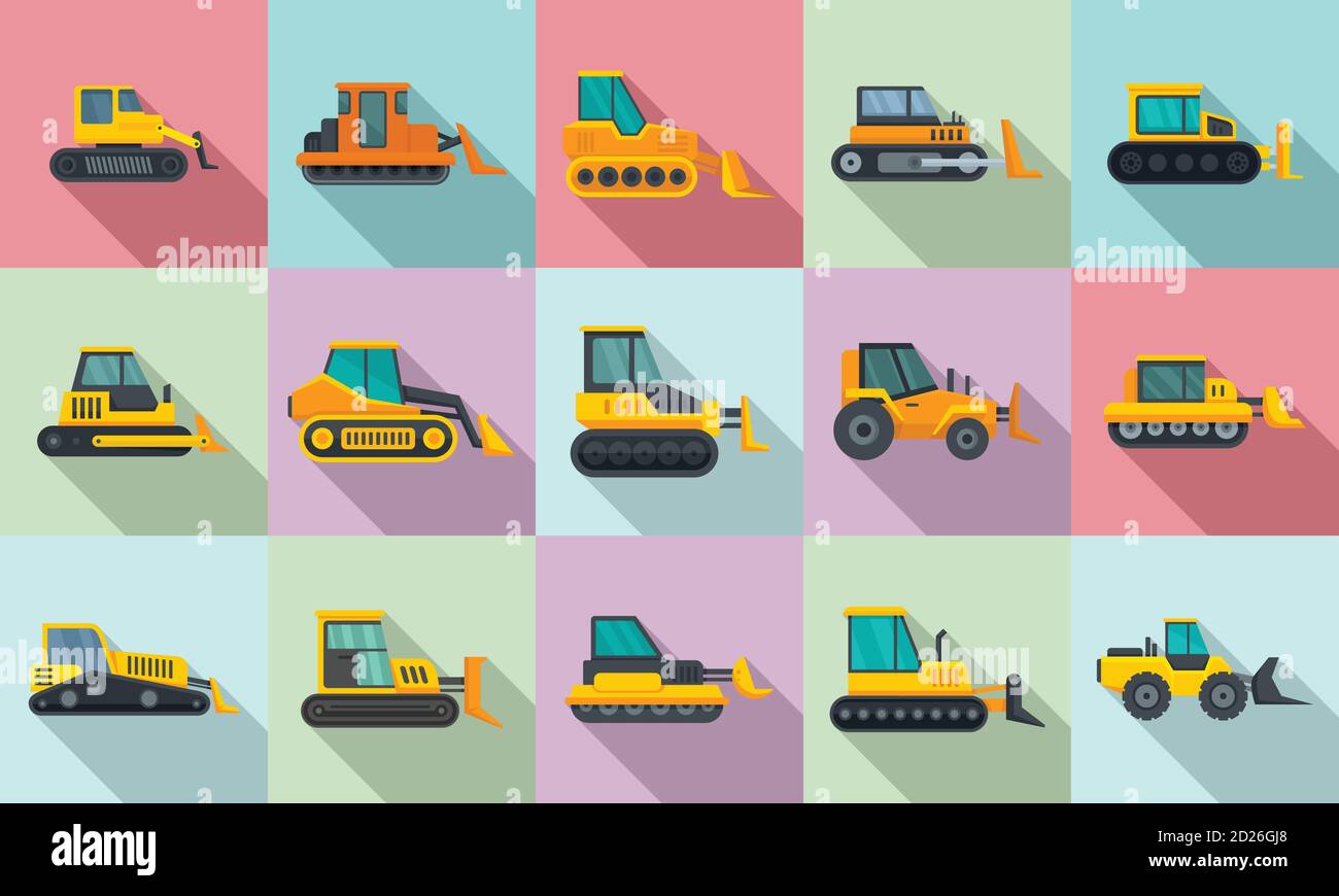Bulldozer icons set. Flat set of bulldozer vector icons for web design ...