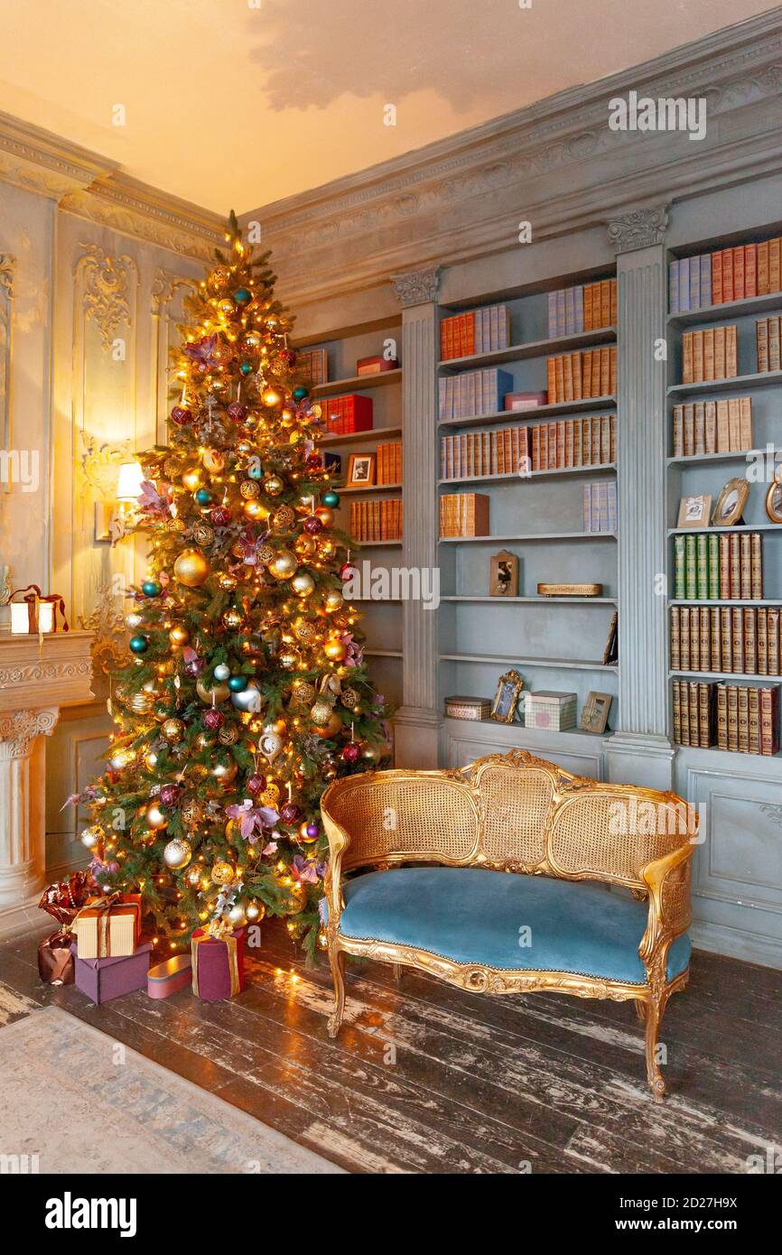 Classic Christmas New Year decorated interior room home library with ...