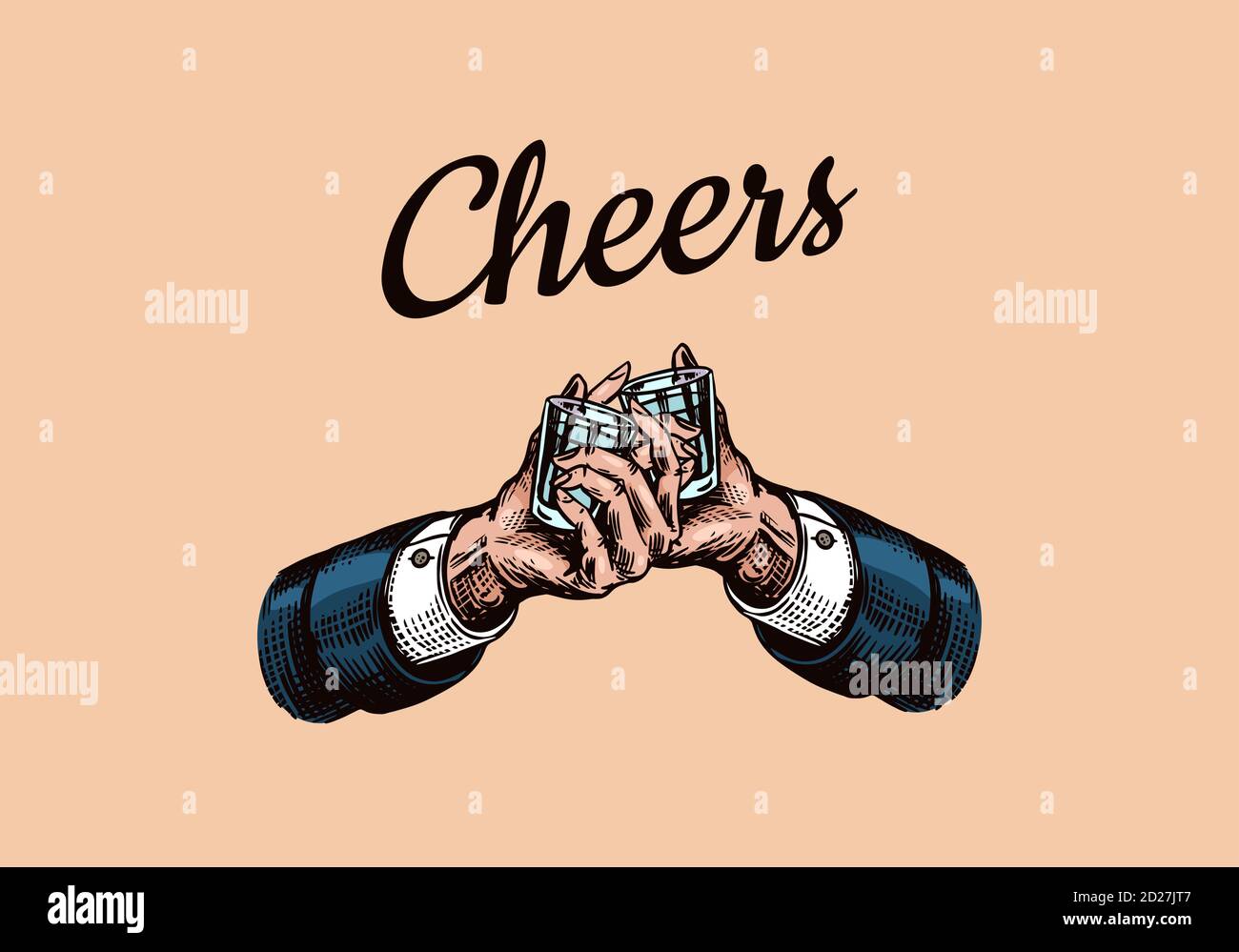Cheers toast. Vintage American Cognac or liquor badge. Shot in hand ...