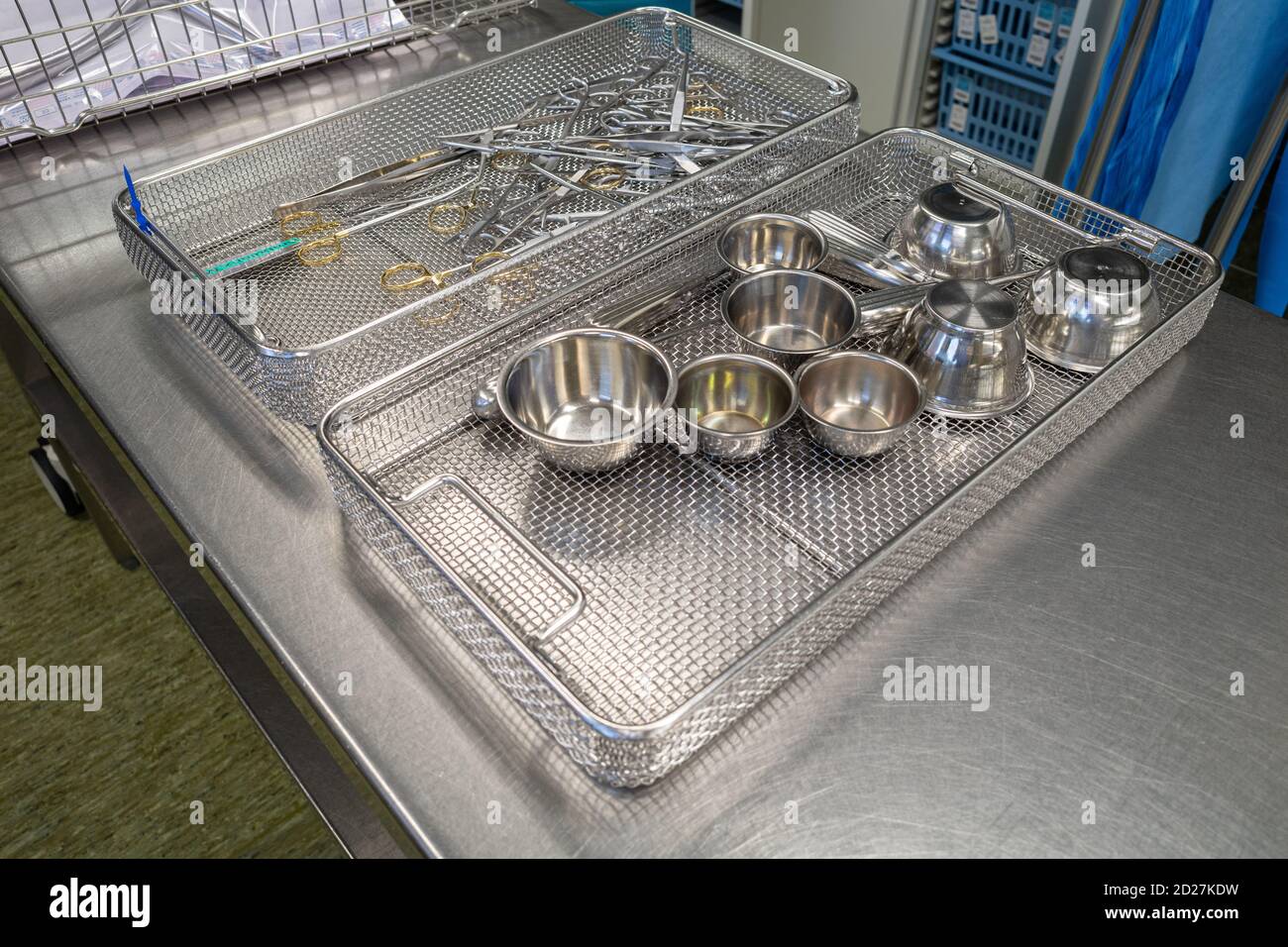 various cleaned and disinfected surgical instruments lie unsorted in ...