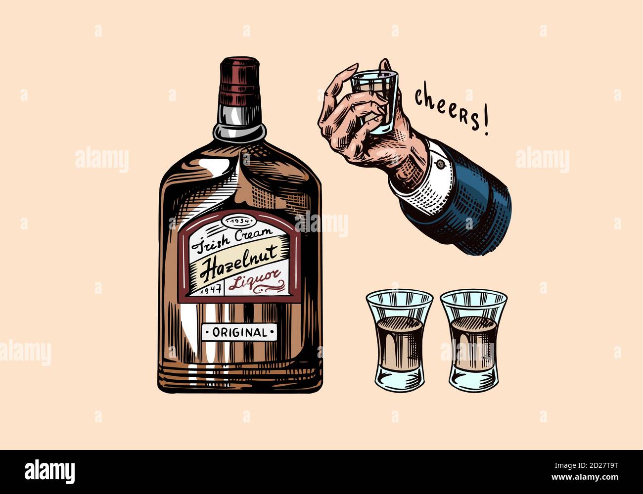 Glass Bottle of liquor. Hand with a shot. Toast cheers. Strong drink ...