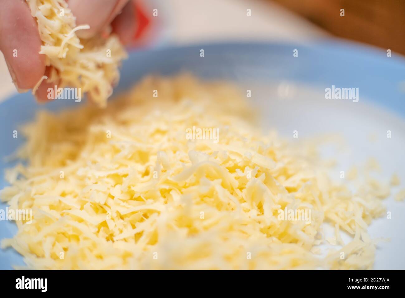 handful of grated cheese on plates, female fingers took a pinch of ...