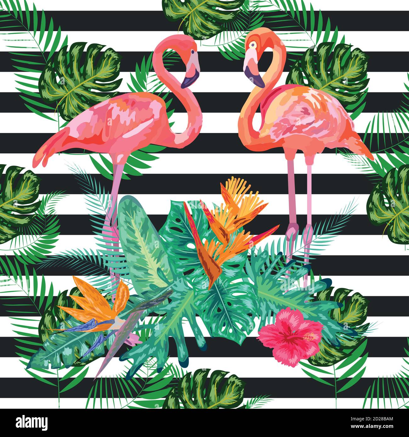 Seamless pattern with dark blue grunge stripes and pink flamingo. Pink ...
