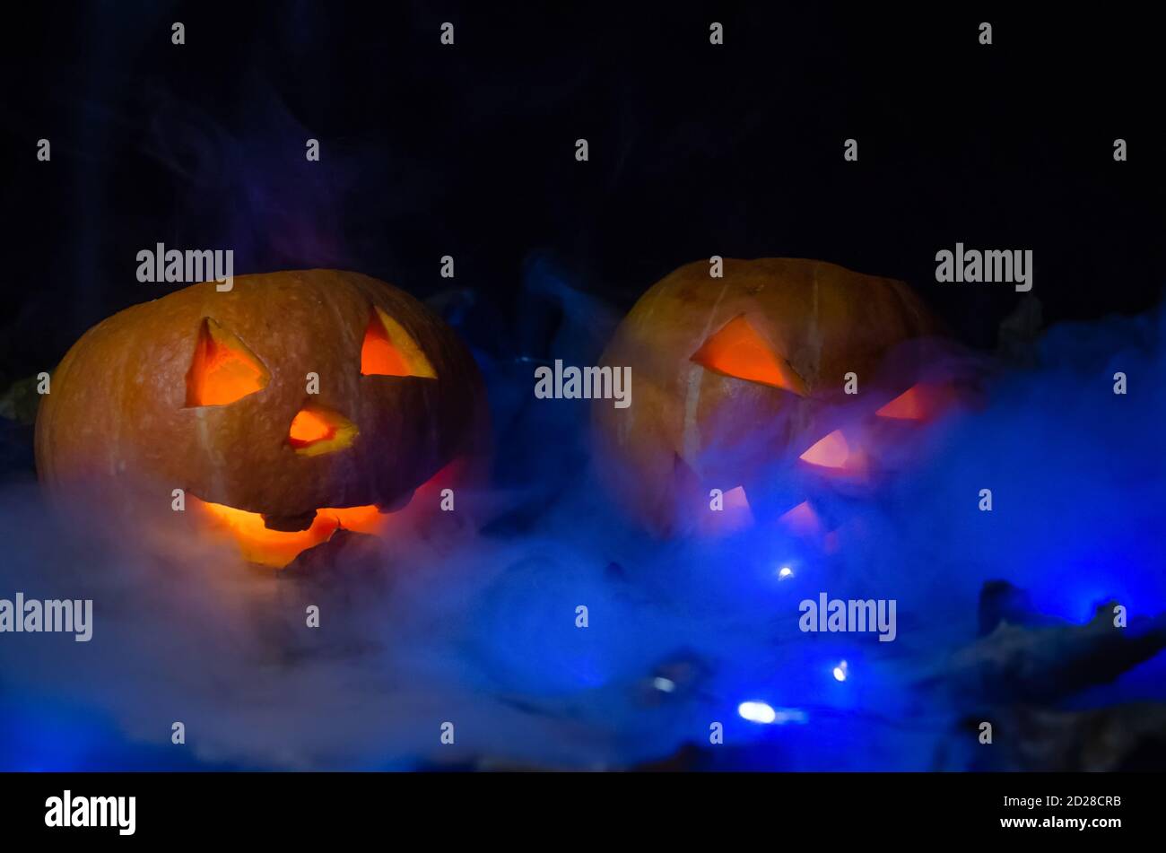 Scary two glowing pumpkins in the dark with a blue backlight close-up ...