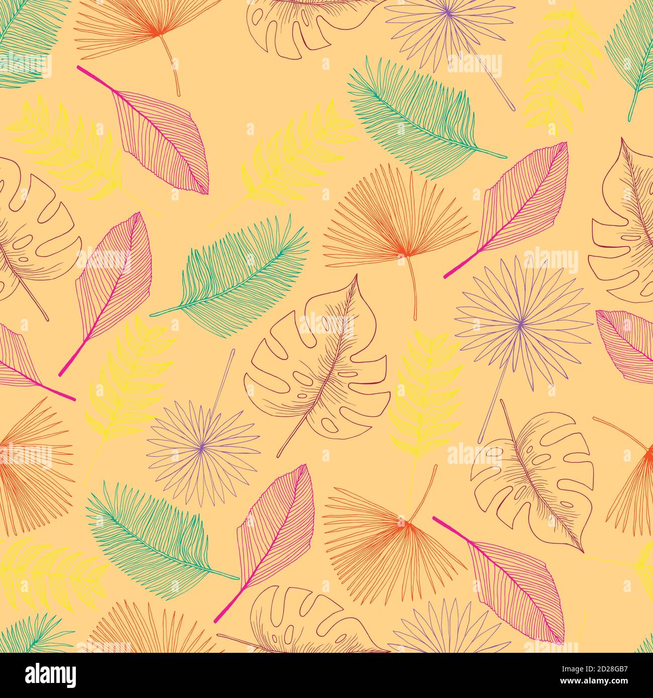 Tropical palm leaf seamless pattern, peach colour background Stock ...