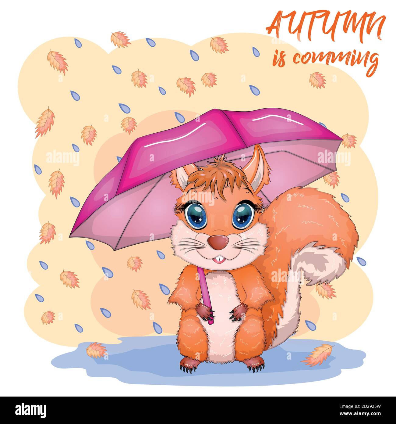 Cute cartoon squirrel with beautiful eyes with an umbrella, autumn ...