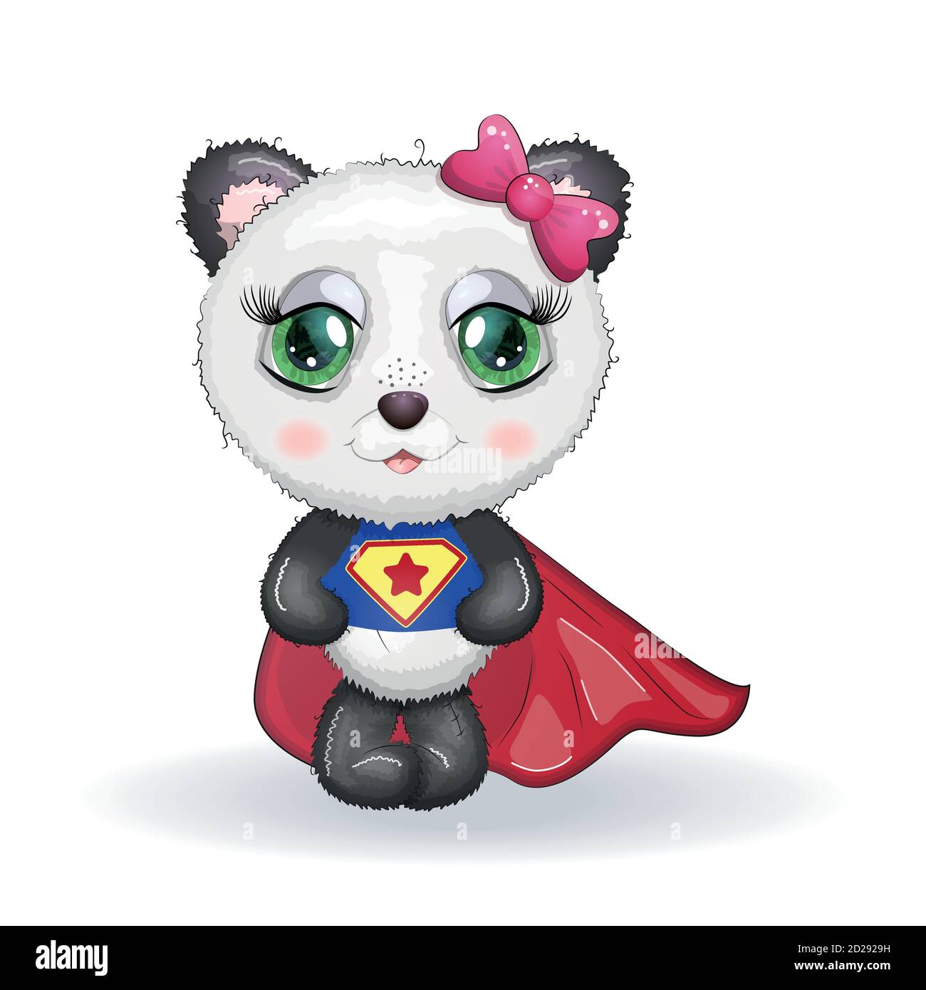 Cute little panda with big eyes in a cloak by a super hero, greeting ...
