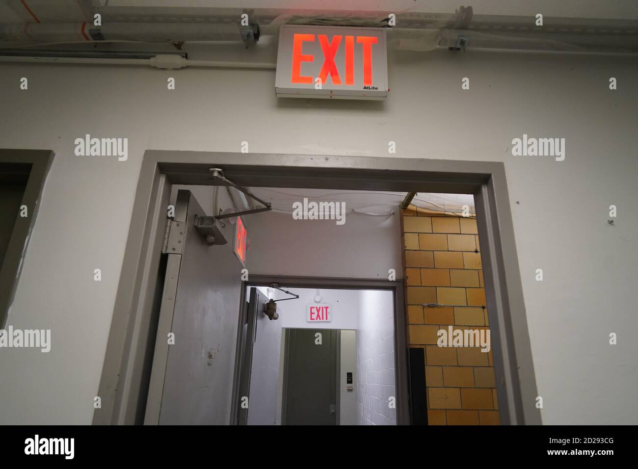 deposit in construction site new york city art workshop exit sign Stock ...