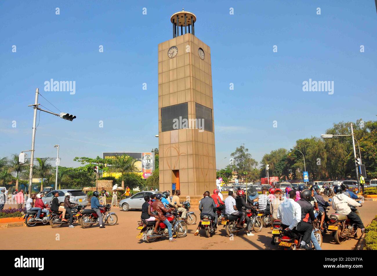 A clock tower in memory of the Queens's second visit to Uganda Stock ...