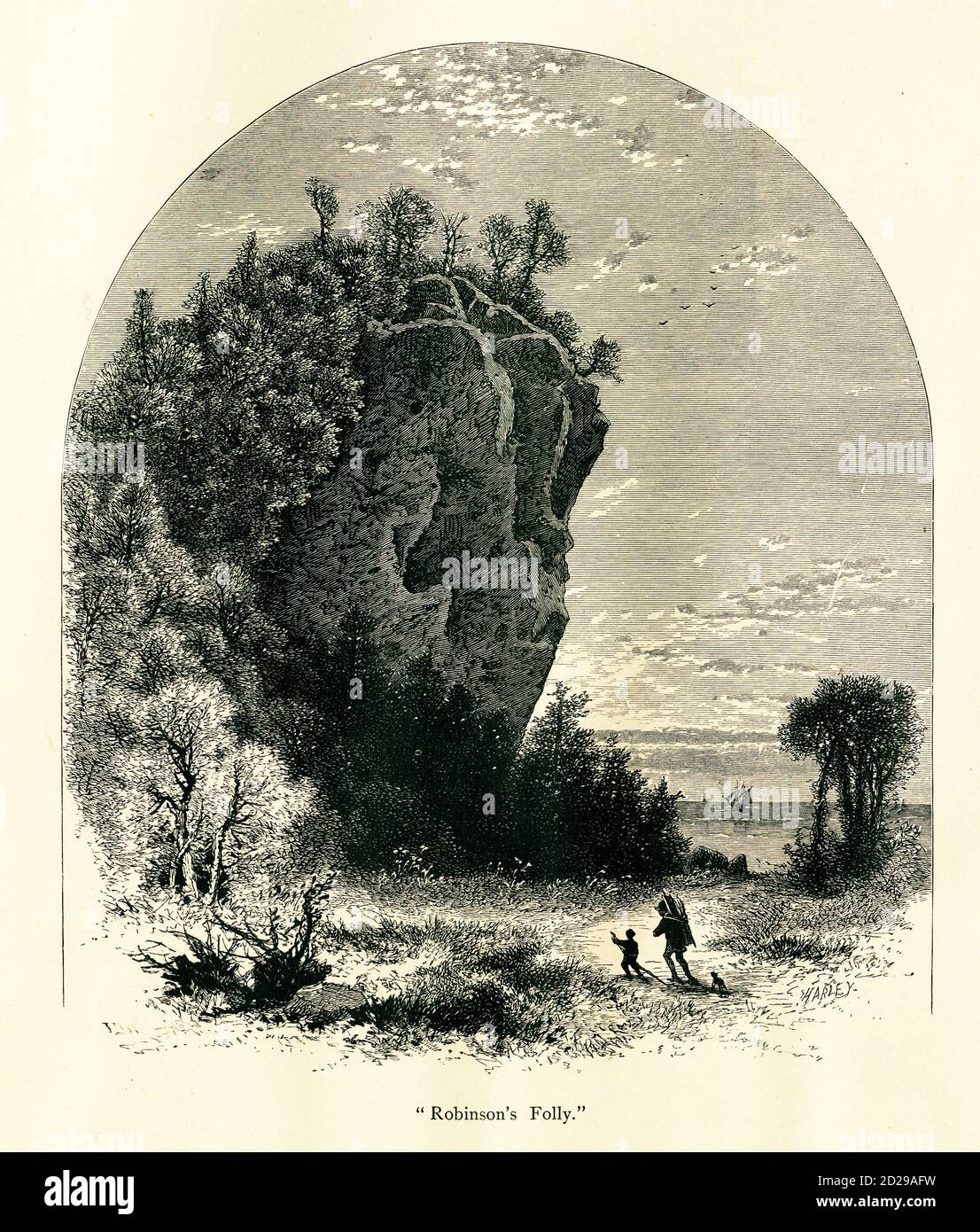 19th-century illustration of Robinson's Folly, a cliff on Mackinac ...