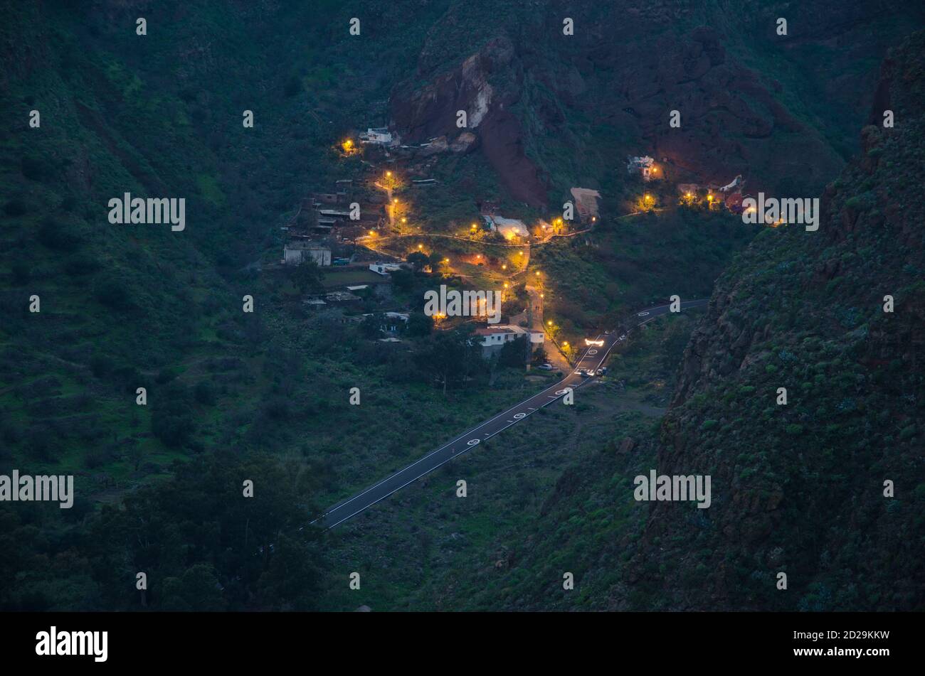 Village of Cueva Bermeja at sunset. Guayadeque ravine. Guayadeque ...