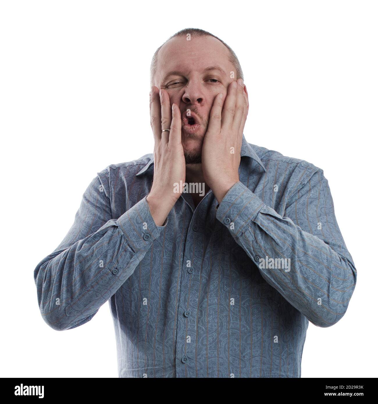 emotional actor man in a gray shirt posing on a white background in ...