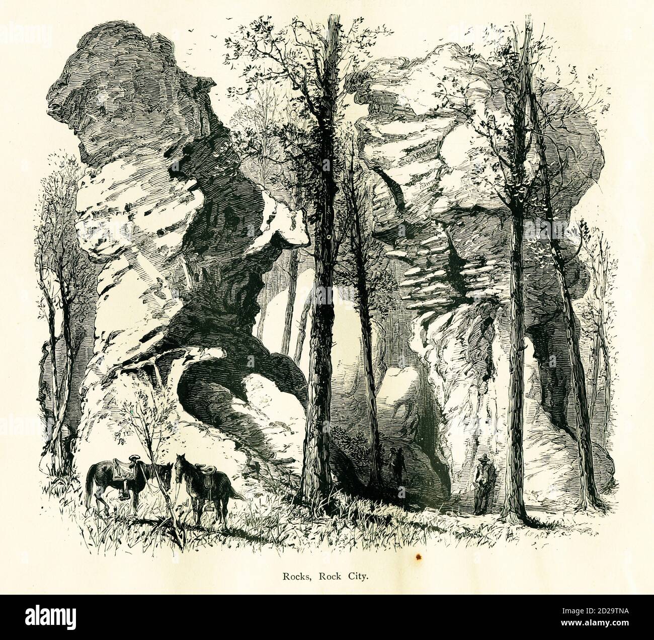 Wood engraving of rock formations in Rock City, on Lookout Mountain ...