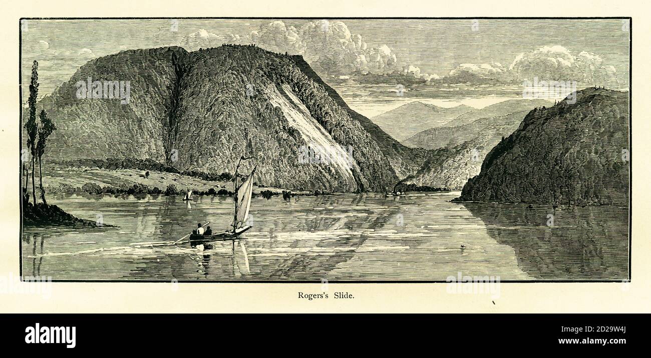 Antique illustration of Rogers's Slide, a rocky height on Lake George ...