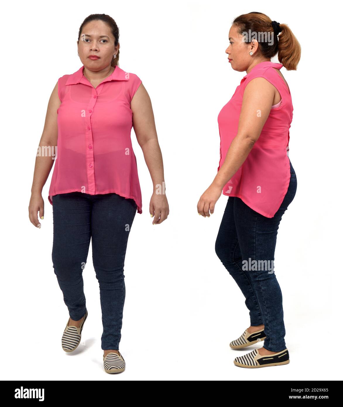 front and side view of same woman walking on white background Stock ...