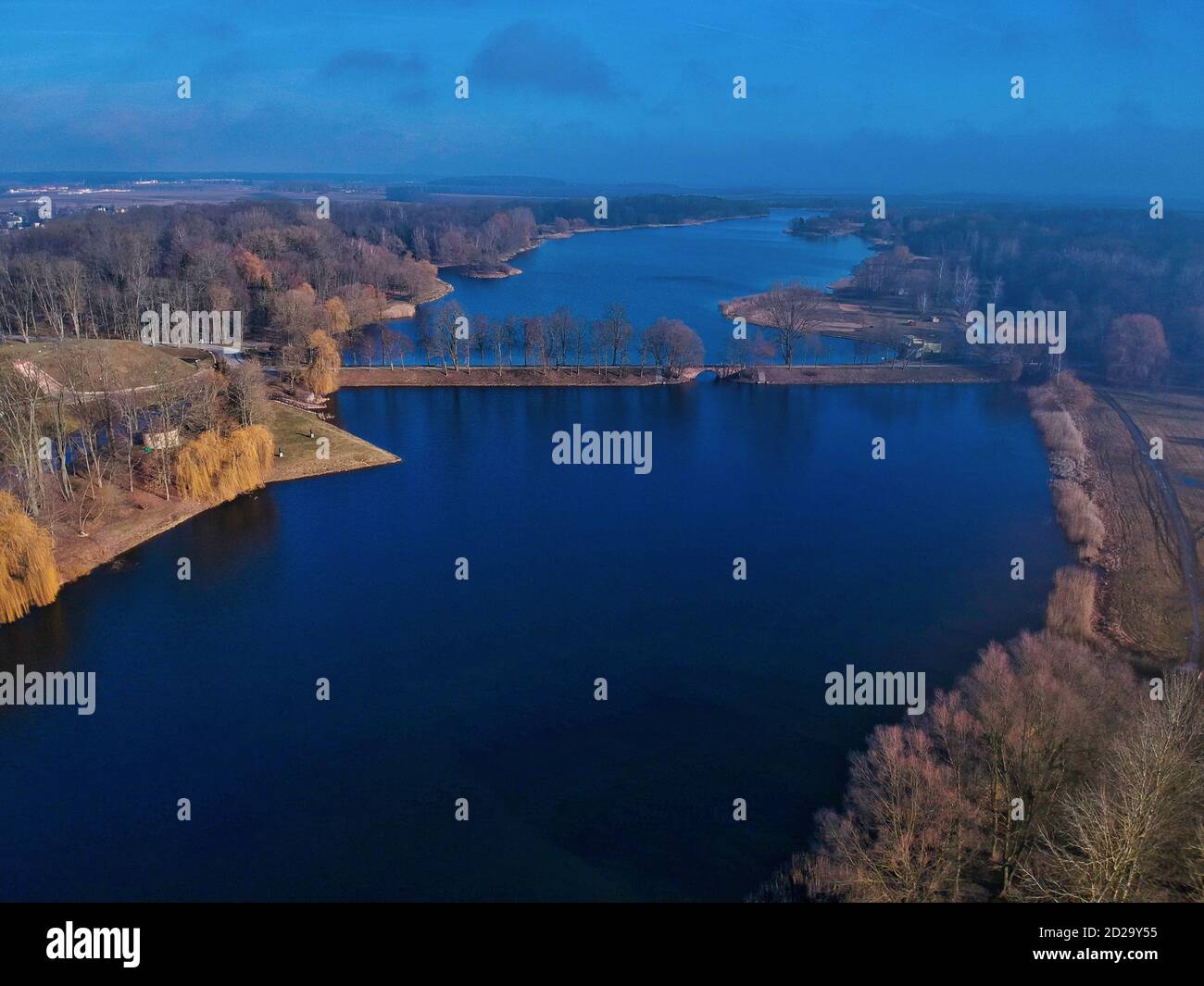Aerial view of a beautiful landscape by the lake Stock Photo - Alamy