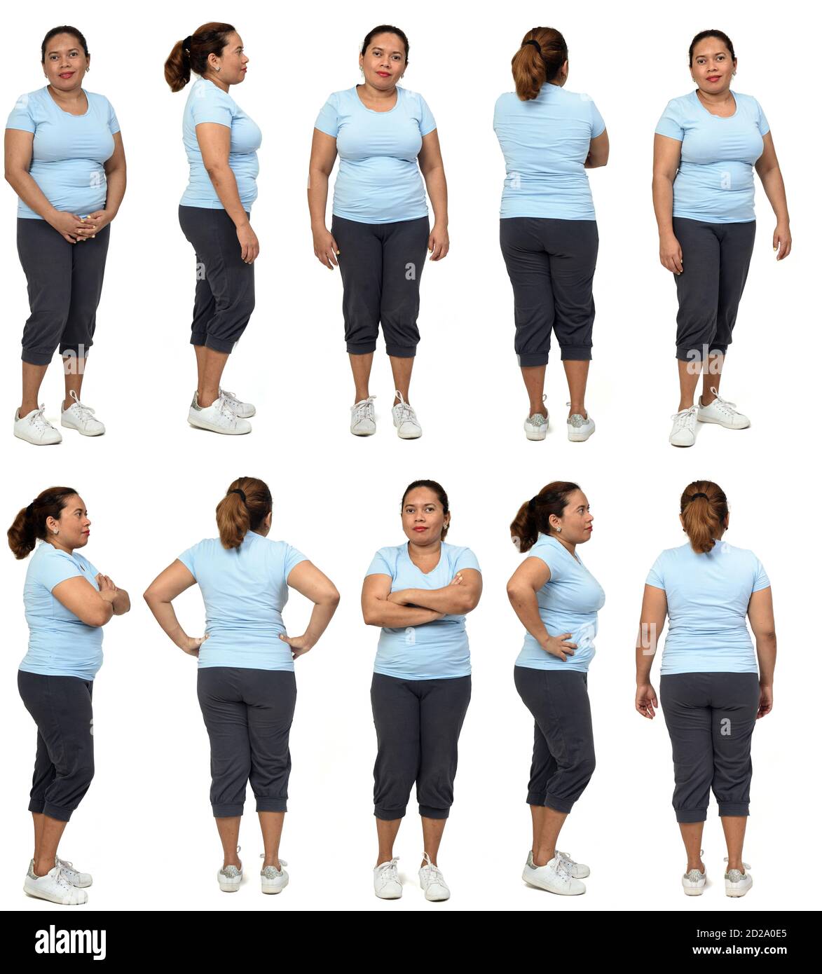 large group of same woman with sportswear on white background, back ...