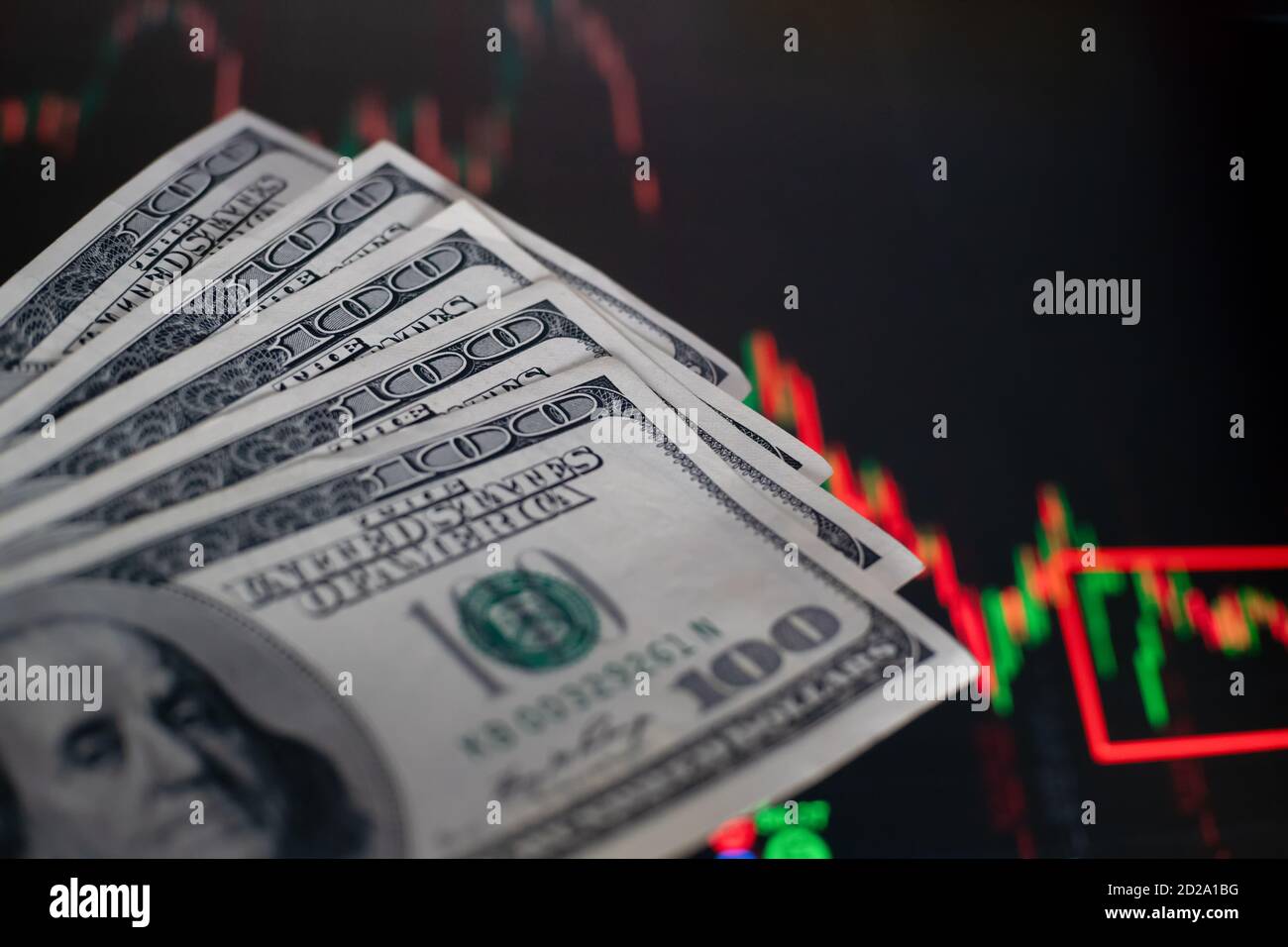 US dollar bills on background with dynamics of exchange rates. Trading ...