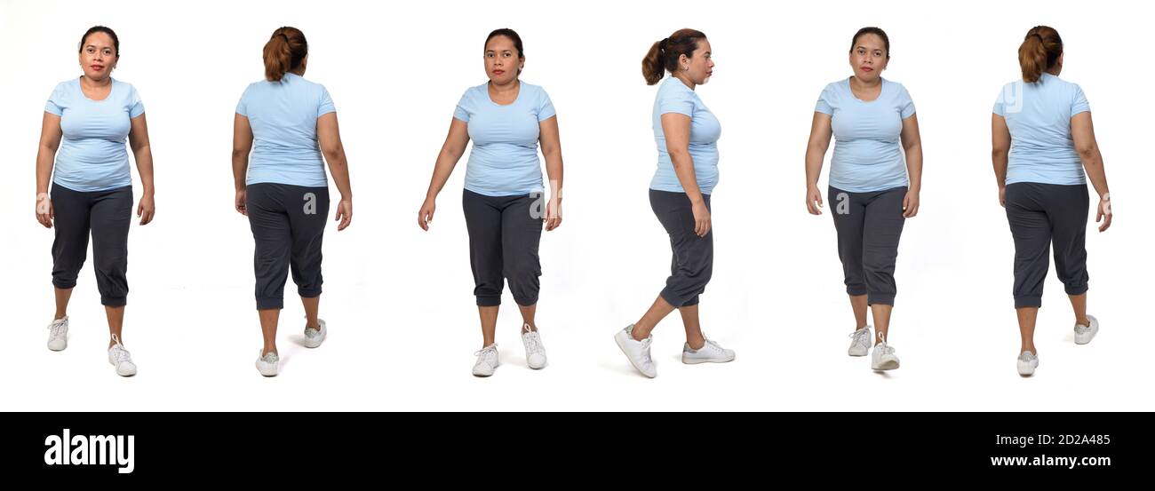 large group of front, back and side view of same woman with sportswear ...