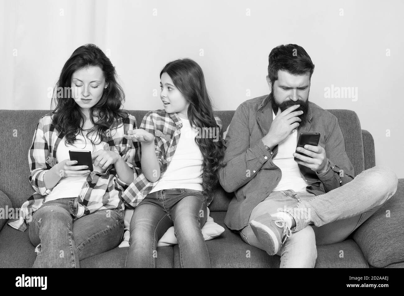 Mobile device affecting relationship. Unhappy kid complain at parents ...