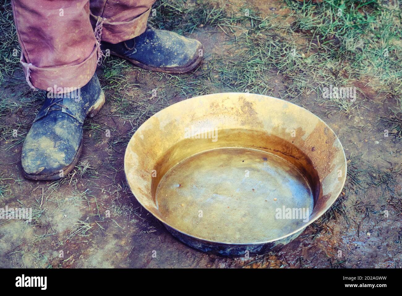 Washing of gold in tray by American settlers in the wild West ...